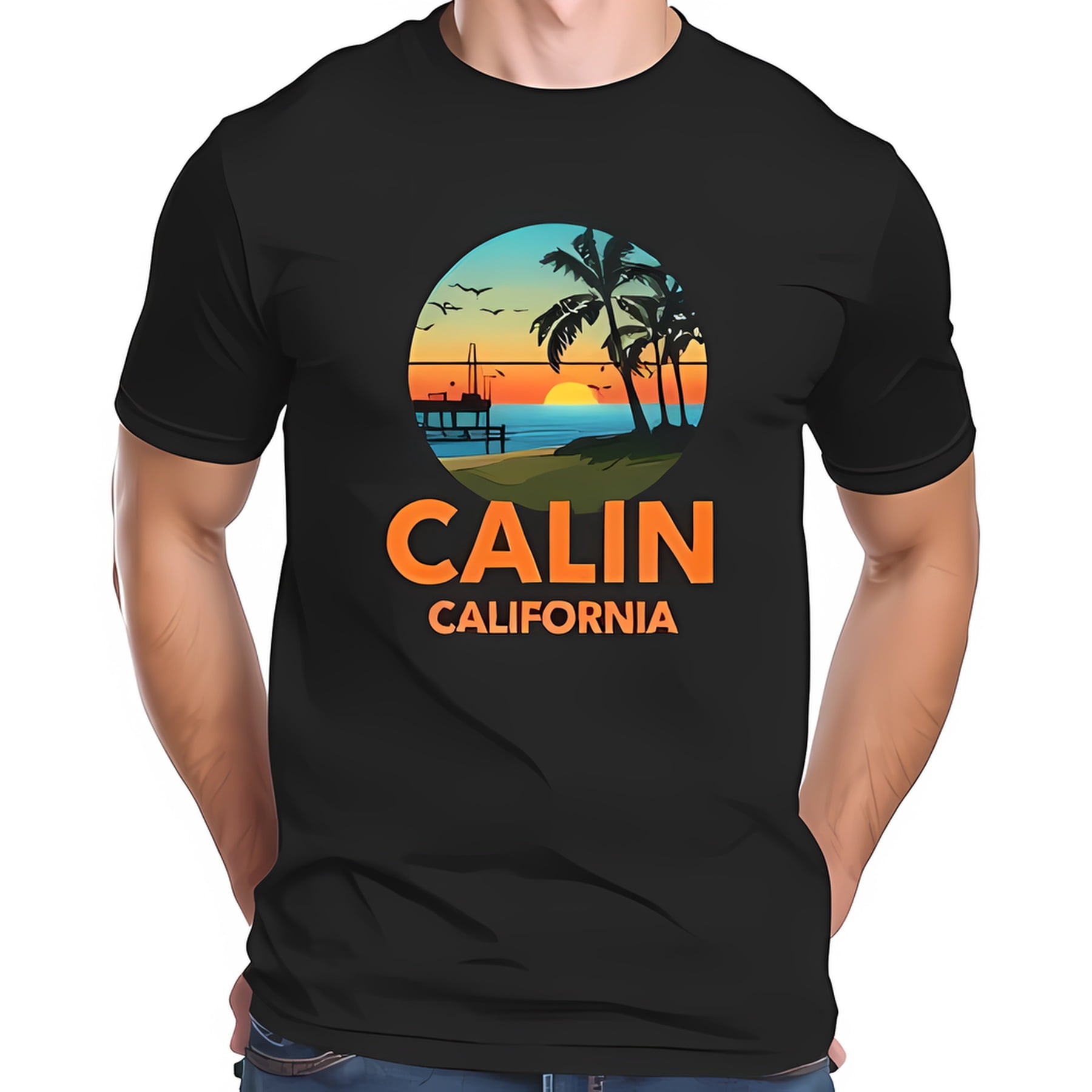 Men's Black T-Shirt with Vibrant Beach Scene Graphic - CALIN CALIFORNIA ...