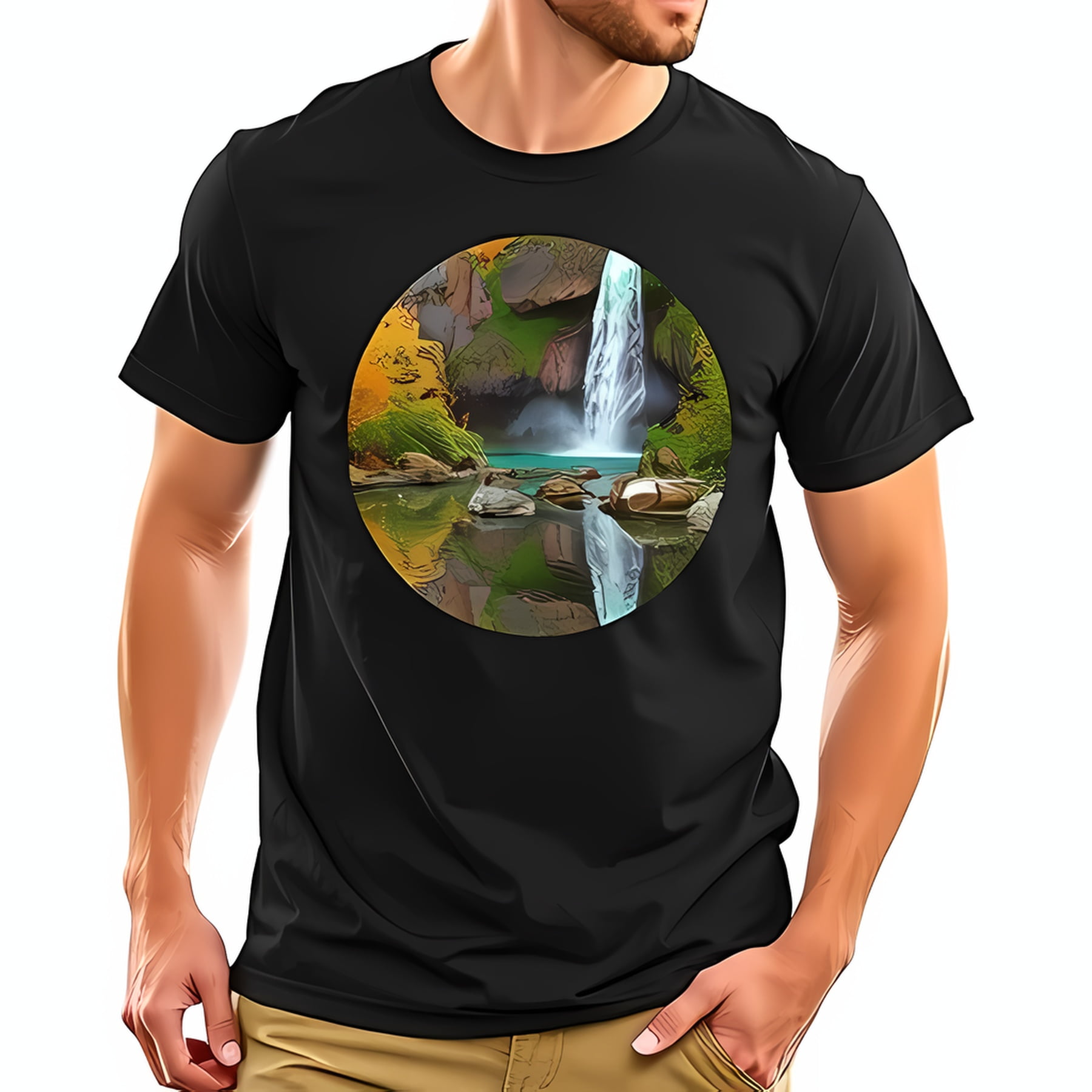 Men's Black T-Shirt with Vibrant Waterfall Graphic Print - Nature ...