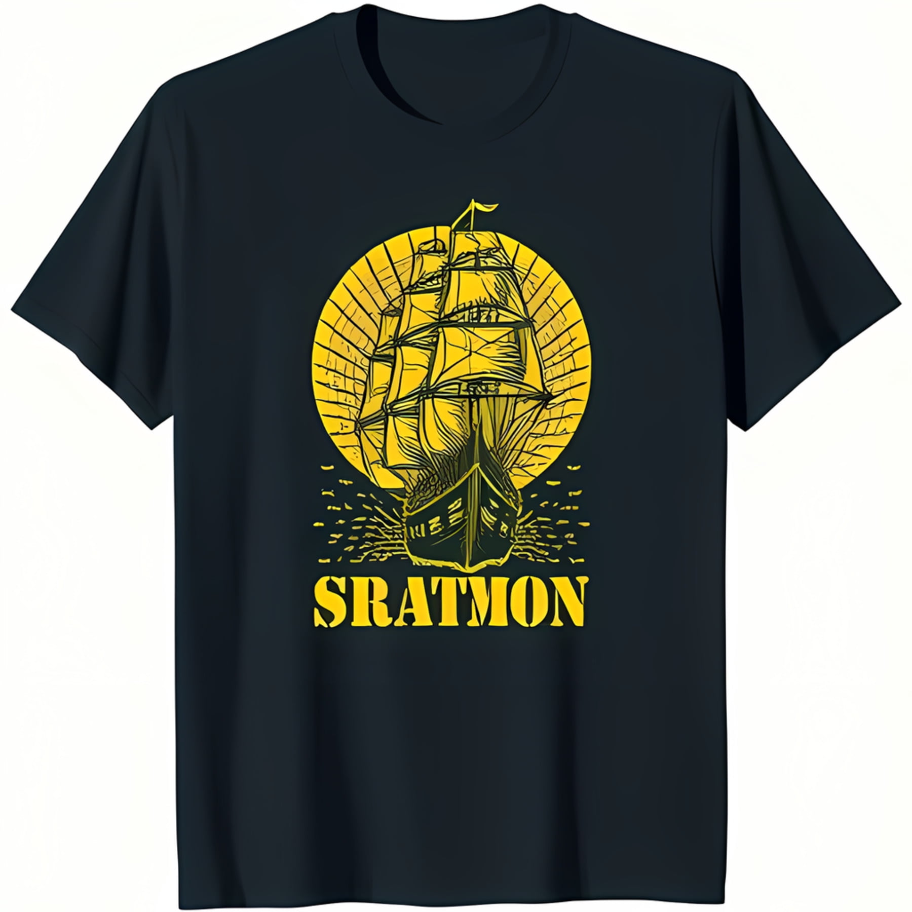Men's Black T-Shirt with Vibrant Yellow Ship Sailing from Sun Graphic ...