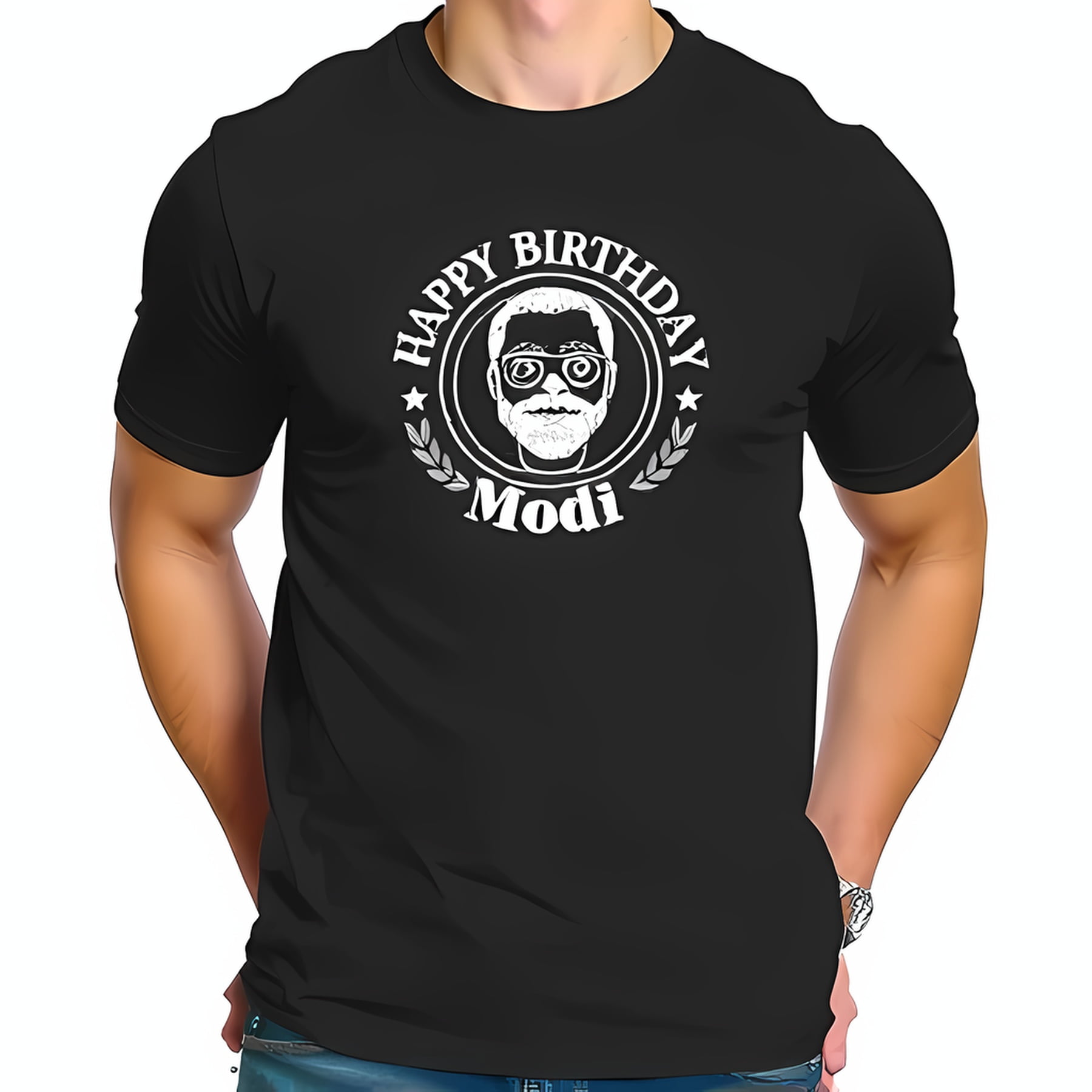 Men's Black T-Shirt with Vintage Modi Portrait and 'HAPPY BIRTHDAY Modi ...