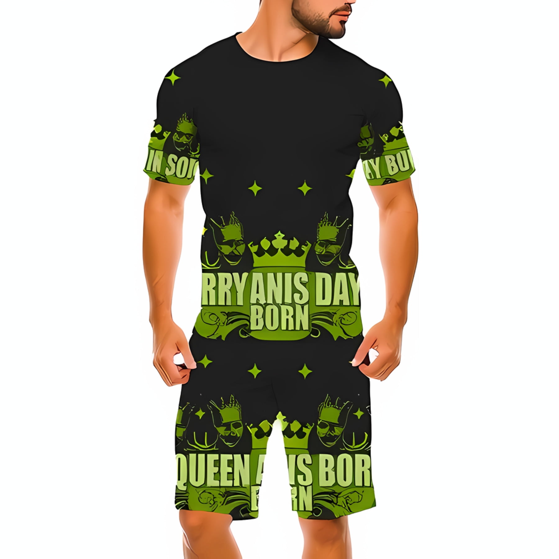 Men's Black and Green Two-Piece Set - Crown & Stylized Figures Print " Anis Day Born " & " Queen ...