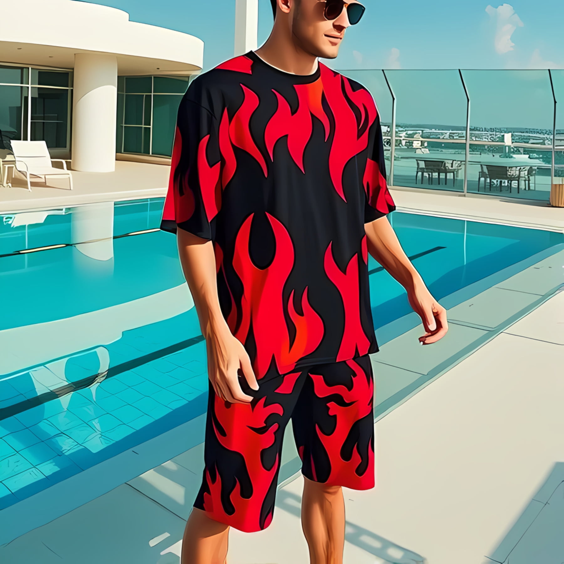 Men's Black and Red T-Shirt and Shorts Set - Stylish Summer Pool Outfit ...