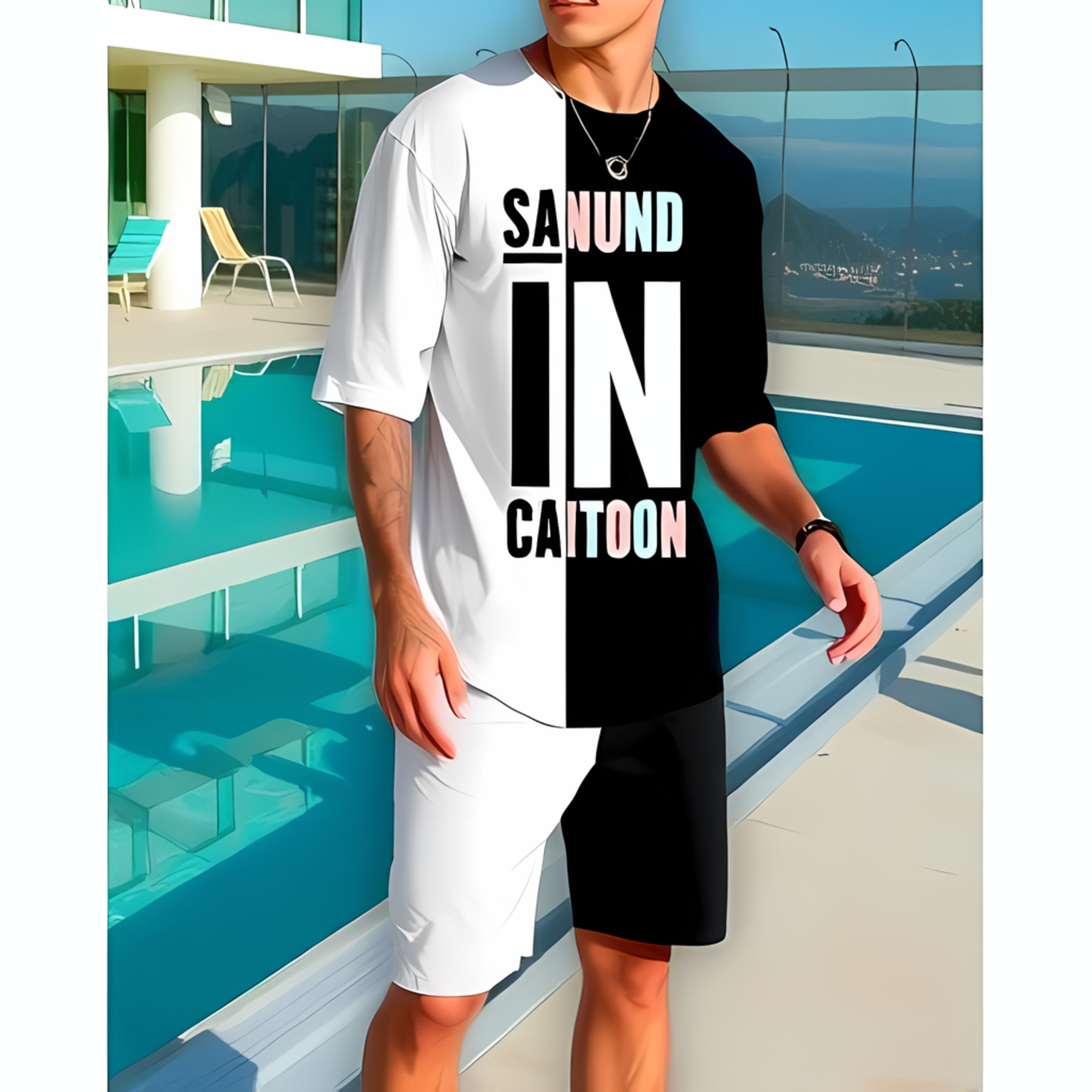 Men's Black and White Cartoon Graphic T-Shirt and Matching Shorts Set ...