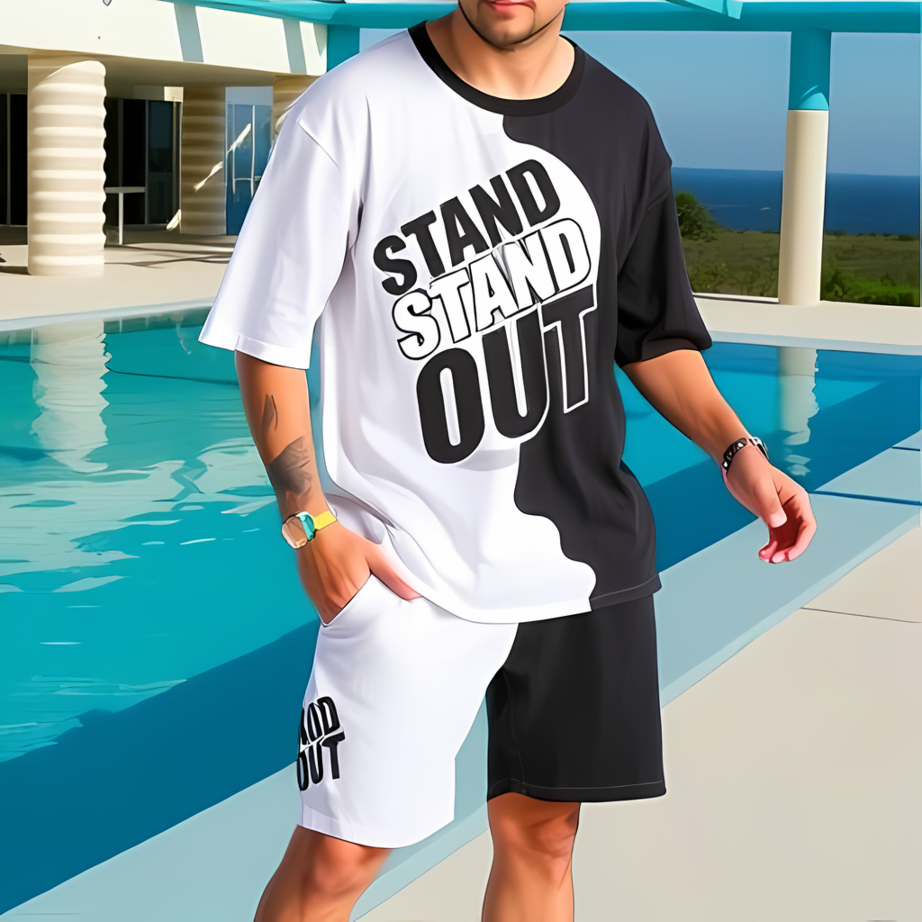 Men's Black and White " STAND STAND OUT " Graphic T-Shirt and Matching ...