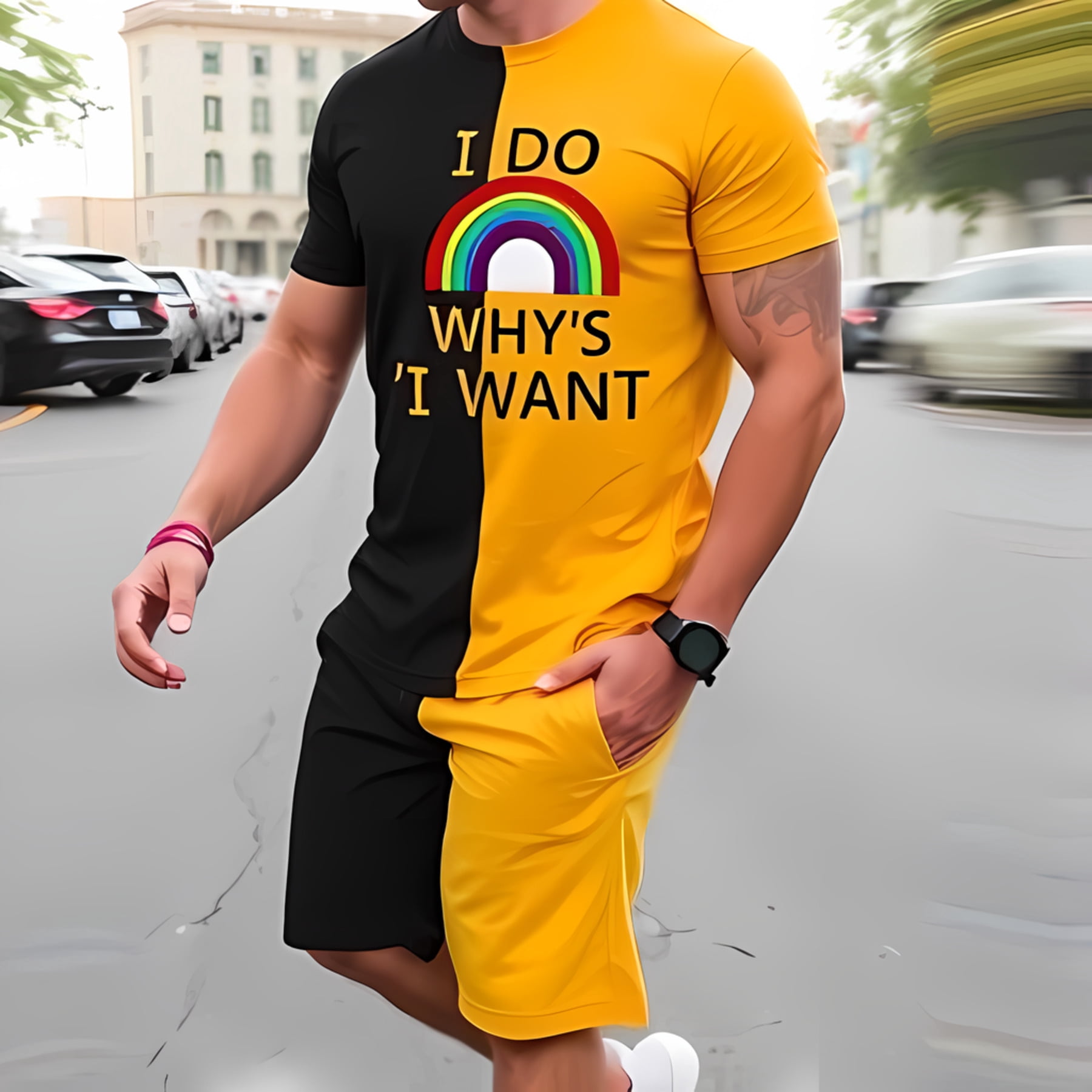 Men's Black and Yellow Graphic T-Shirt with Rainbow Design and " I DO ...