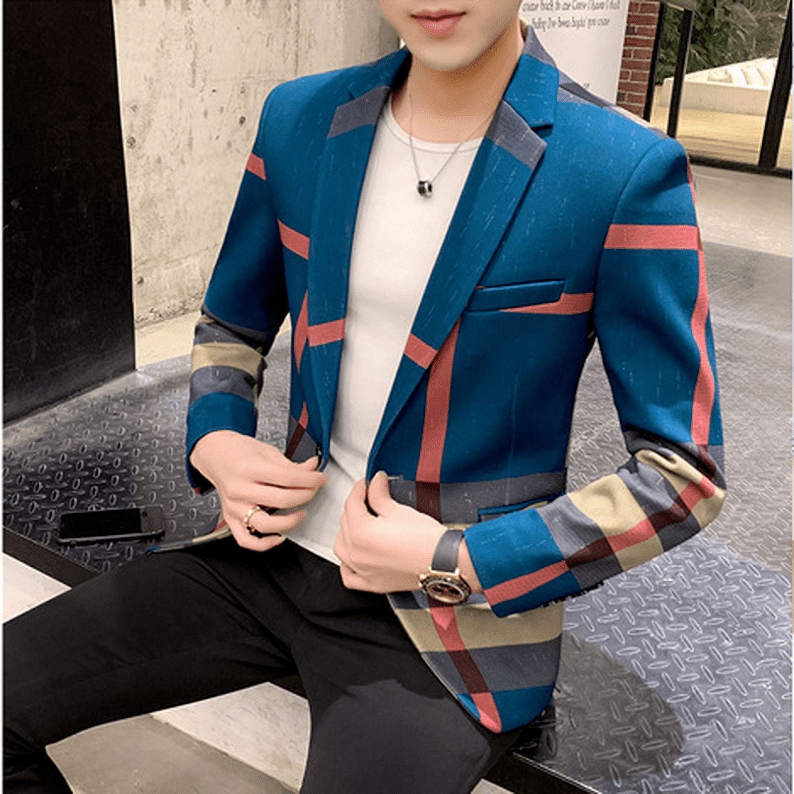 Men's Blazer Fashion British Style Contrast Plaid Stitching Pattern Striped Slim Casual High ...