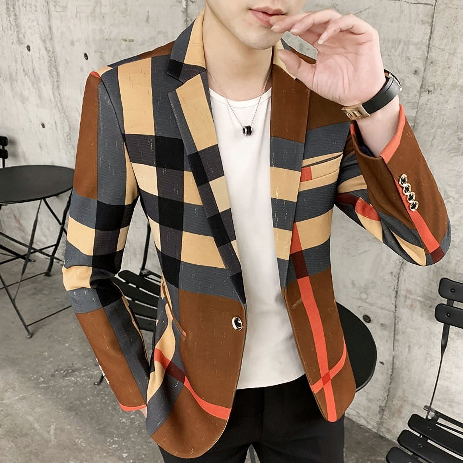 Men's Blazer Fashion British Style Contrast Plaid Stitching Pattern ...