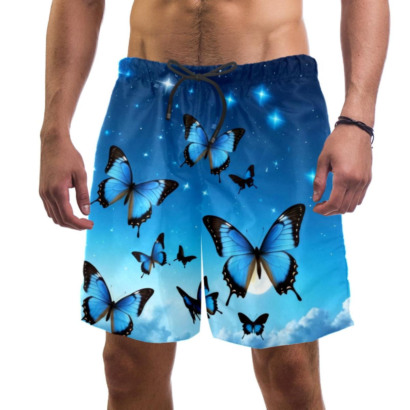 Mens Blue Butterflies Starry Swim Trunks Quick Dry Board Shorts