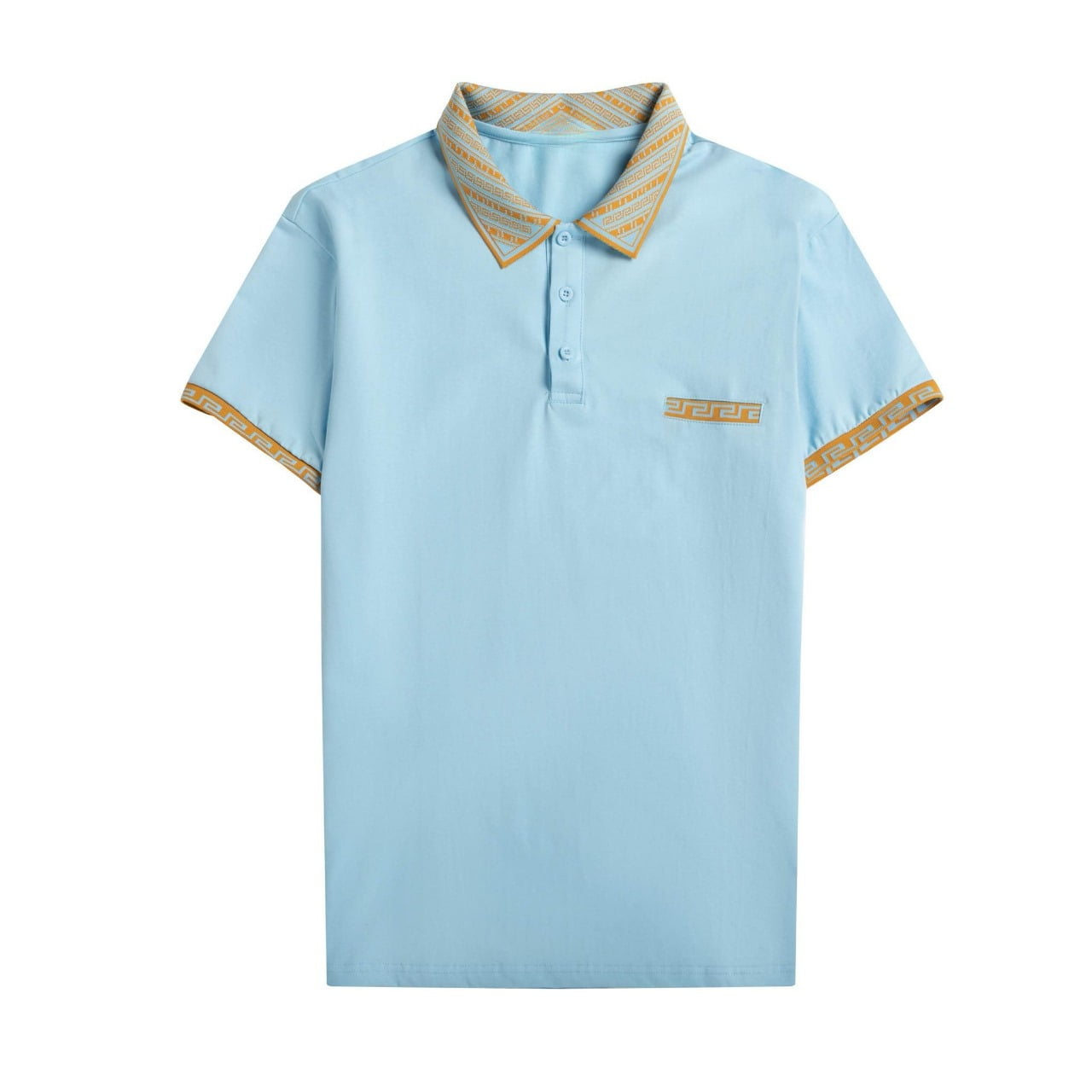 Men’s Blue Polo Shirt – Cotton Blend with Greek Key Trim and Contrast ...