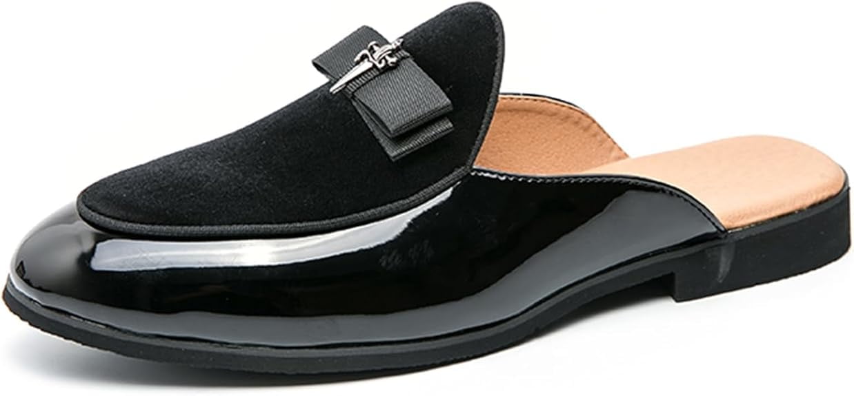 Men's Bowtie Patent Leather Slip-On Mules Slippers,Flats Stylish Formal ...