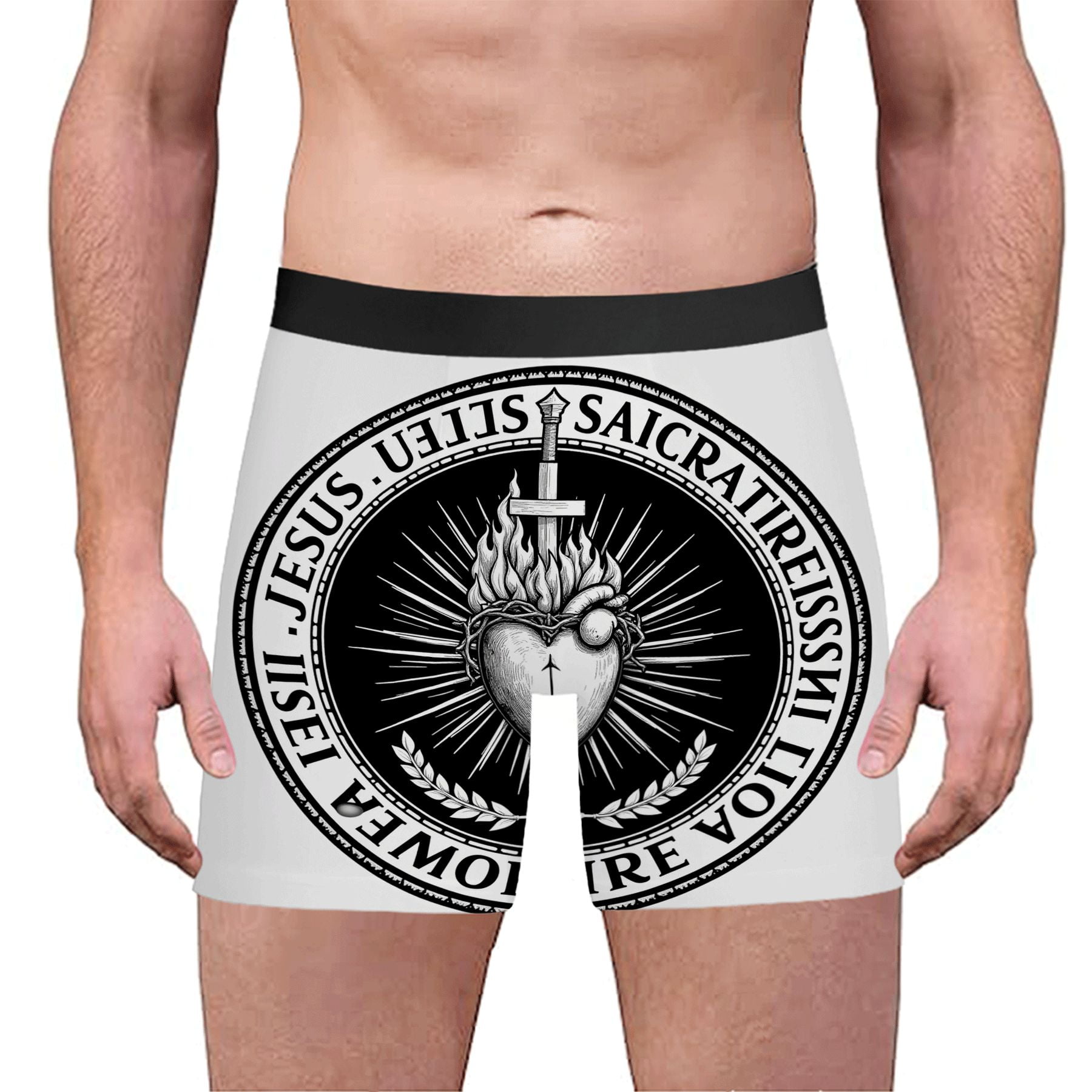 Men's Boxer Briefs with Bold Heart and Flame Design Motif Circular Text ...