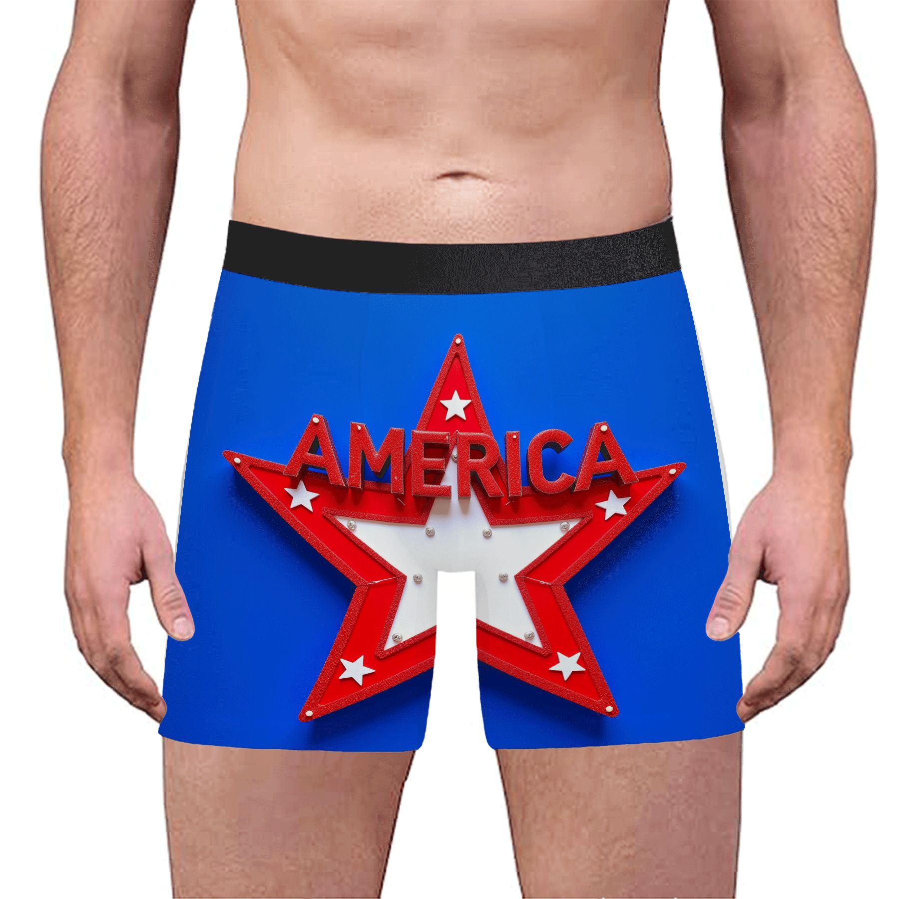 Men's Boxer Briefs with Bold Red Star and Print Blue Fabric Black ...