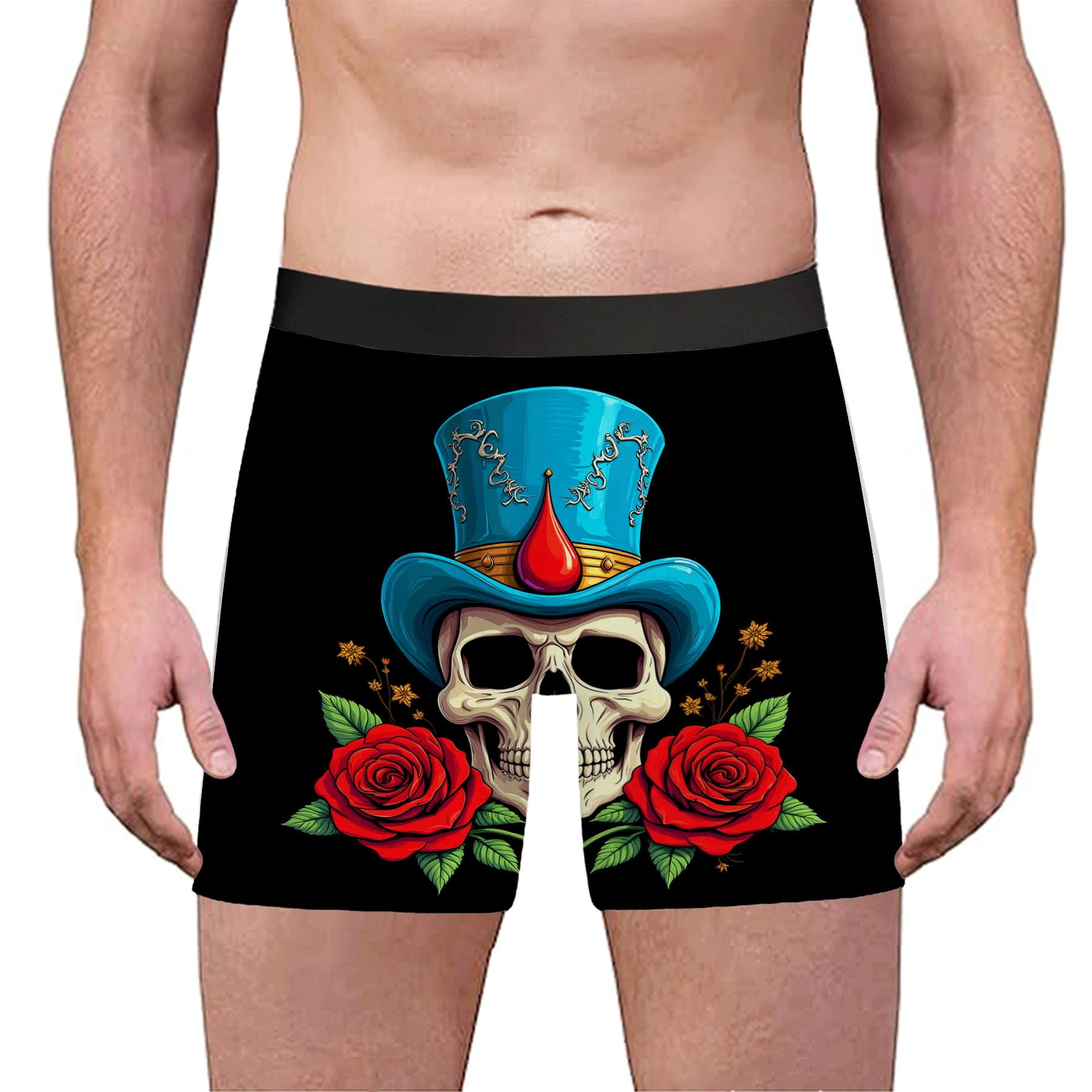 Men's Boxer Briefs with Bold Skull Design - Blue Top Hat Red Roses ...