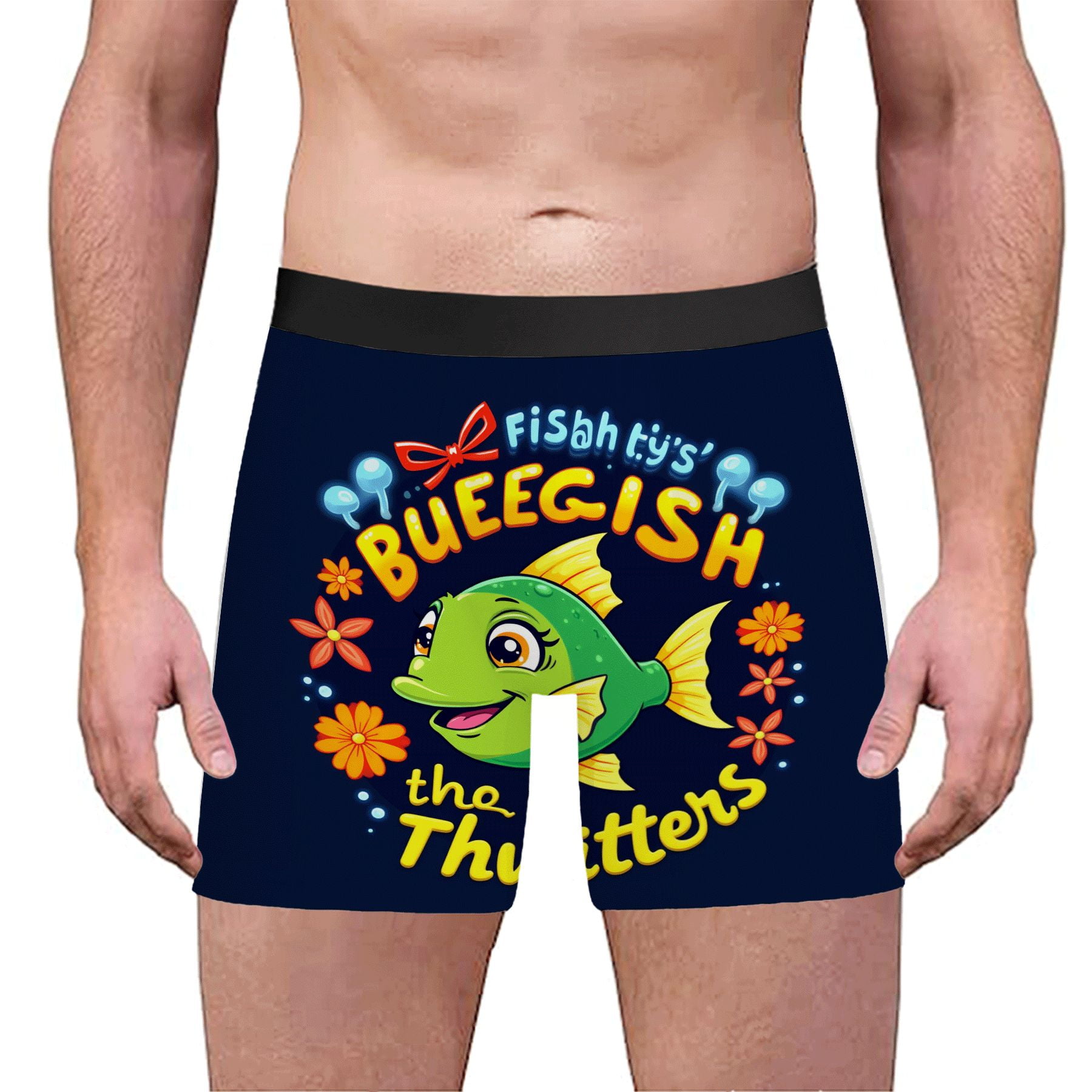 Men's Boxer Briefs with Cartoon Fish Design - Cheerful Green Fish with ...