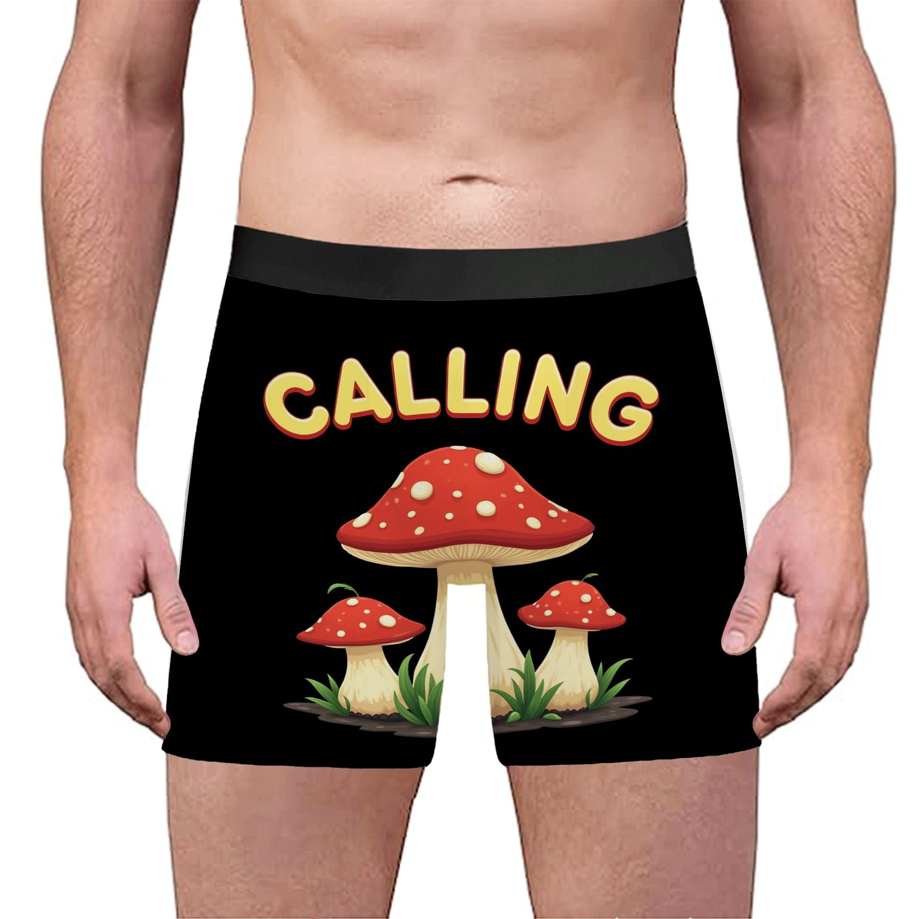 Men's Boxer Briefs with Cartoon Mushroom Design - Black Background Red ...