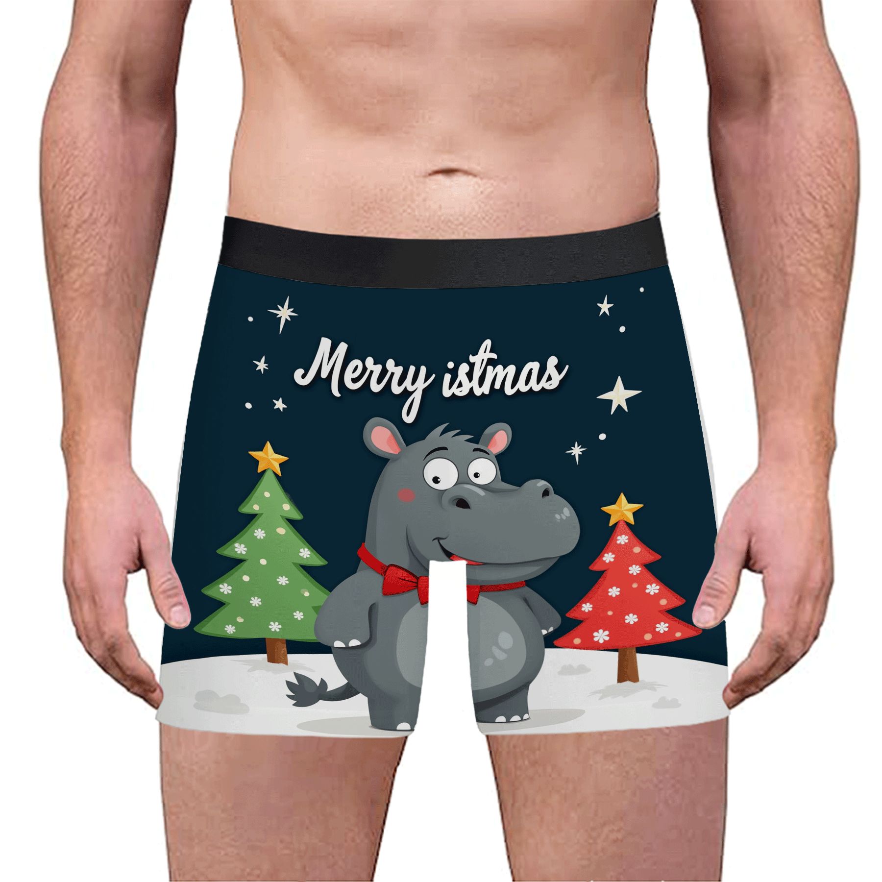 Men's Boxer Briefs with Festive Cartoon Hippo Design Christmas Trees ...