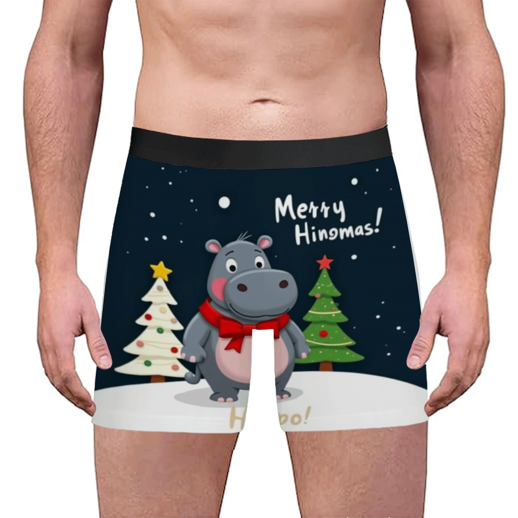 Men's Boxer Briefs with Festive Cartoon Hippo Design Snowy Scene ...