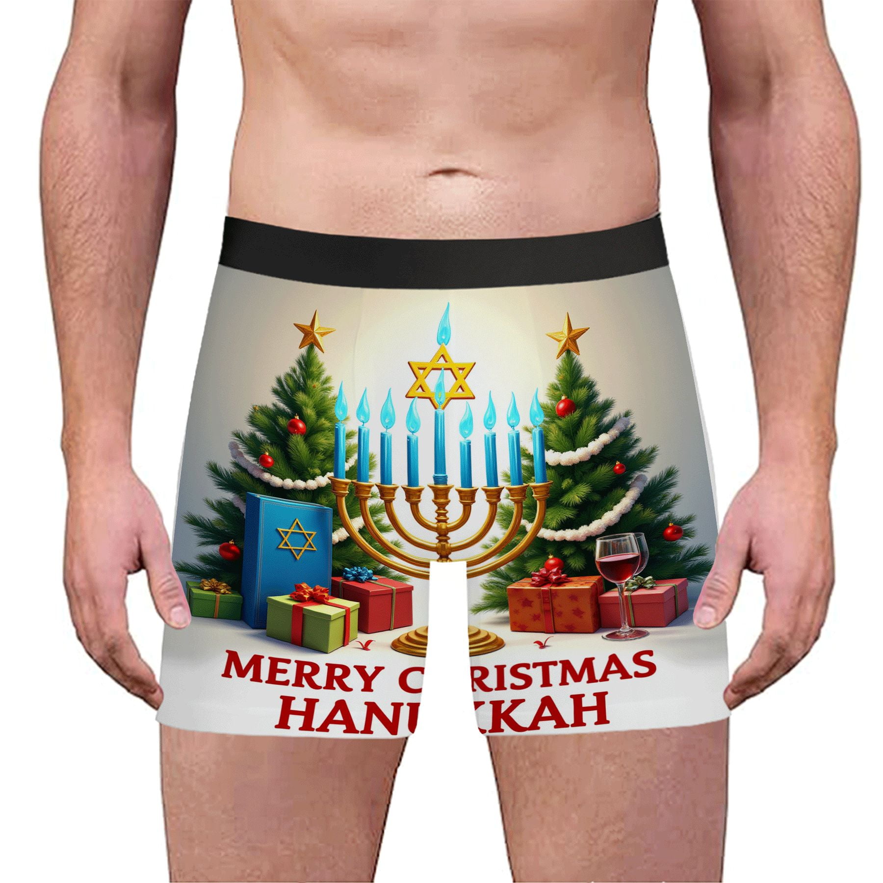 Men's Boxer Briefs with Festive Holiday Pattern - Menorah Christmas ...