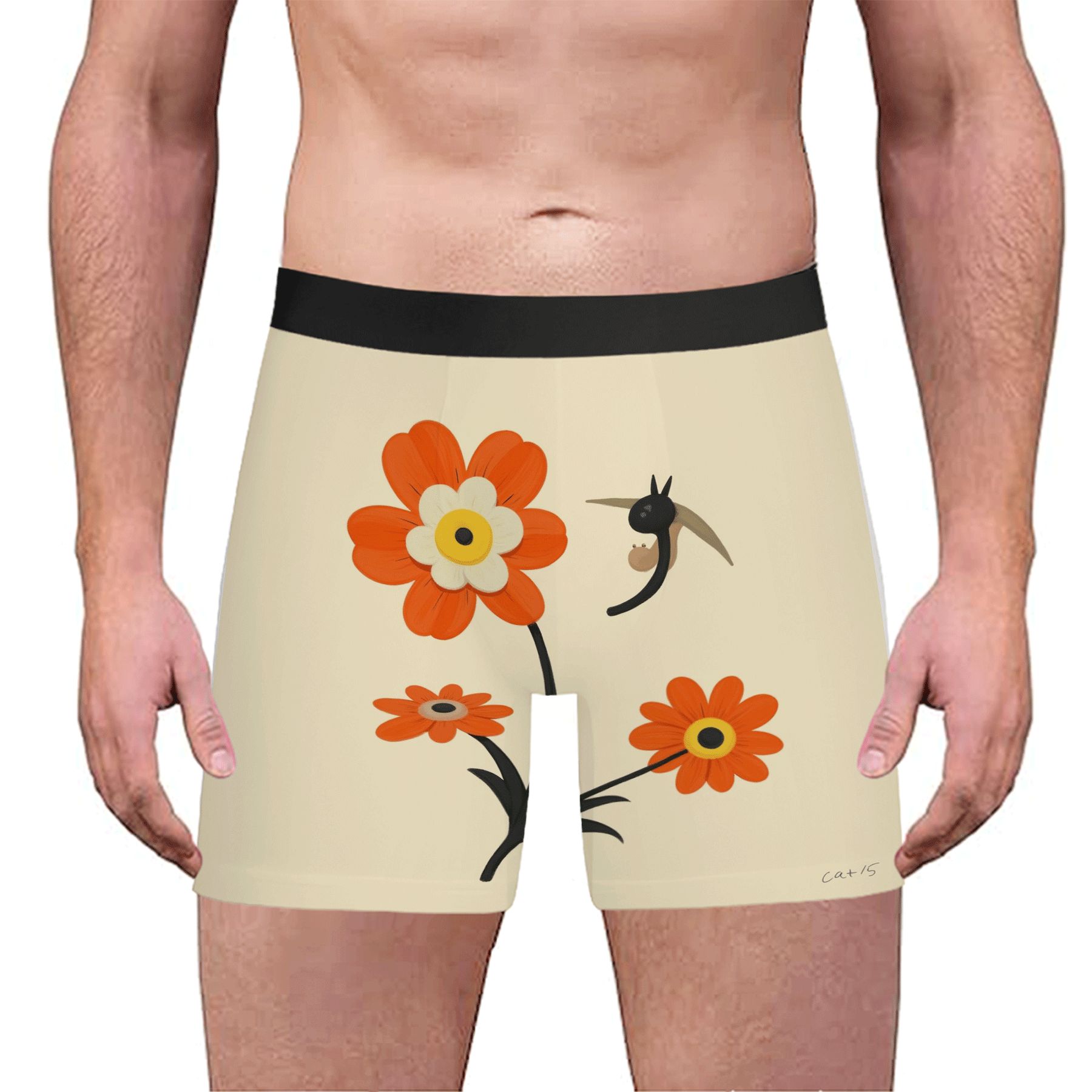 Men's Boxer Briefs with Floral Design - Beige Background Orange Flowers ...