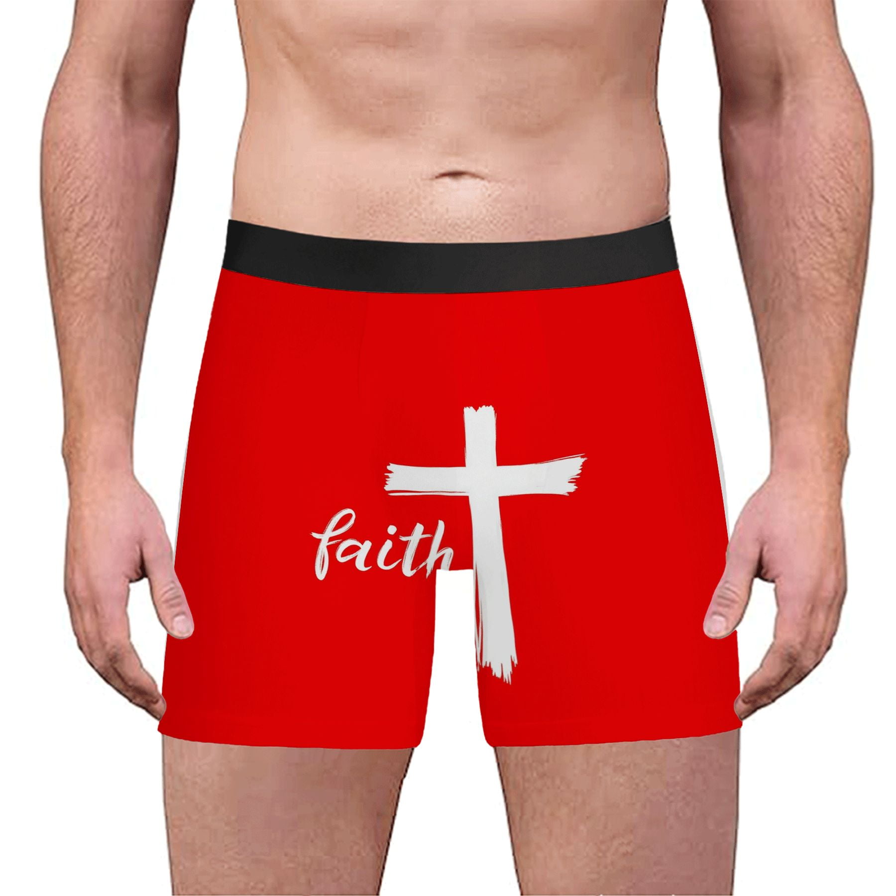 Men's Boxer Briefs with Red Fabric White Cross Design & ' Faith ' in ...