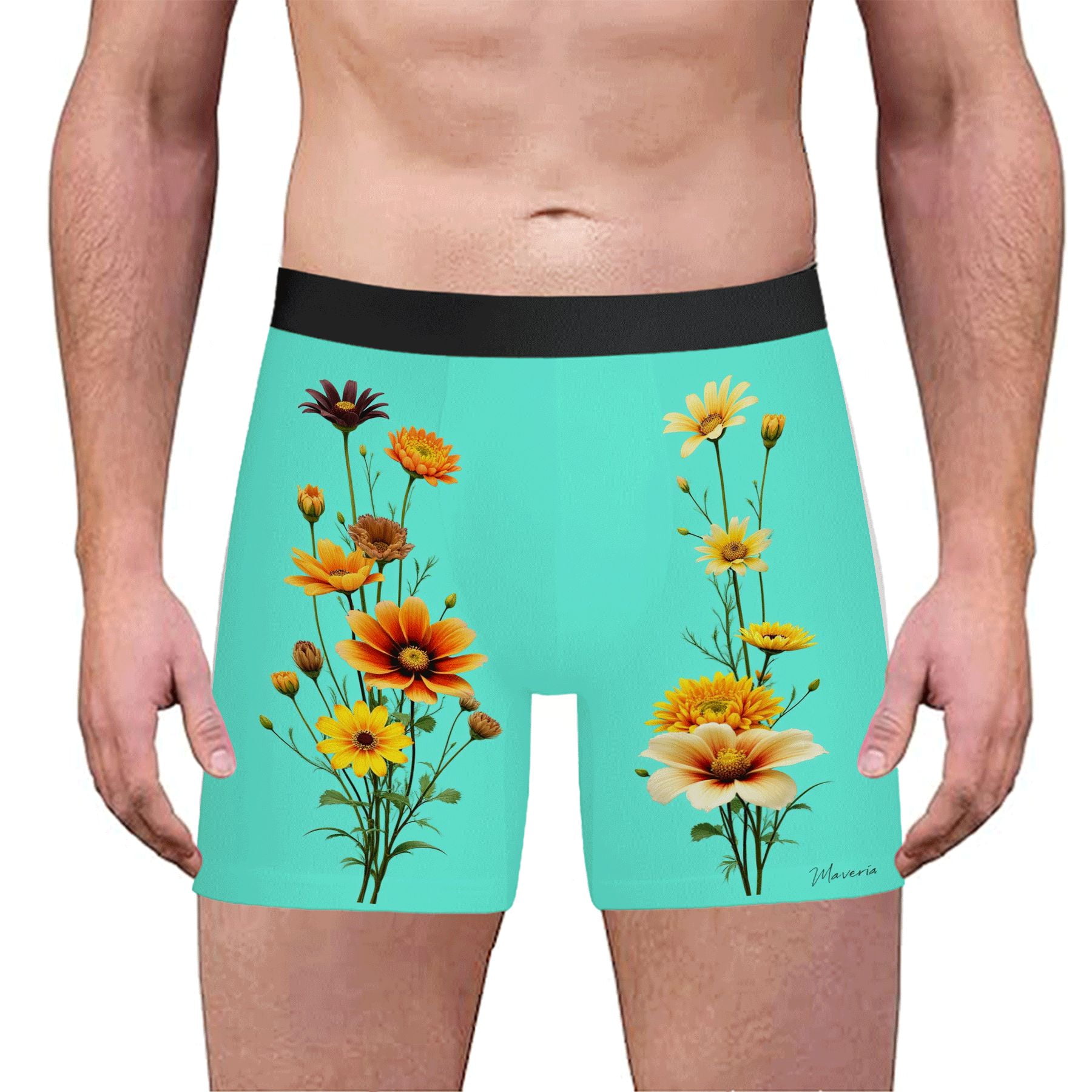 Men's Boxer Briefs with Vibrant Floral Design - Turquoise Background ...