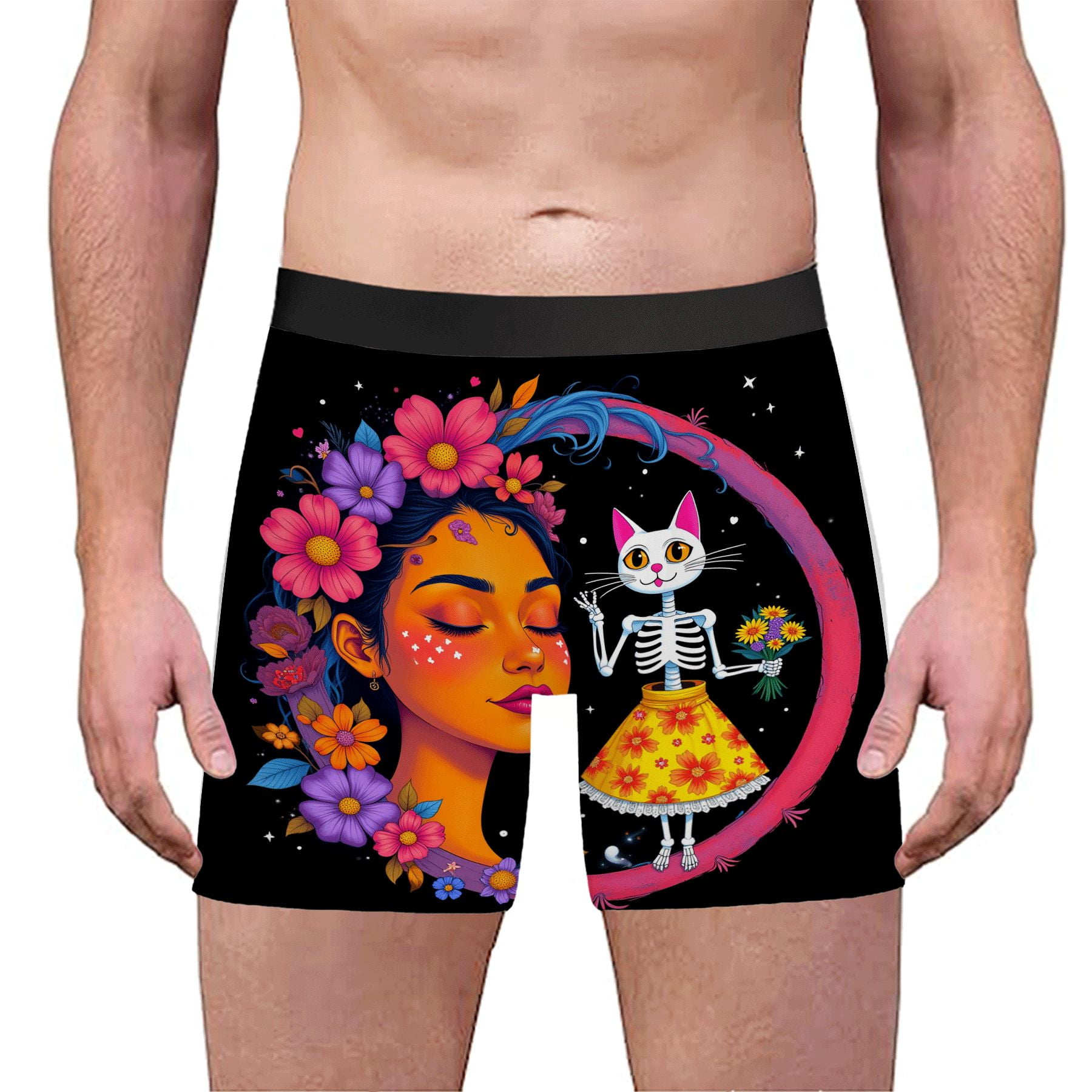 Men's Boxer Briefs with Vibrant Floral and Whimsical Skeleton Design ...