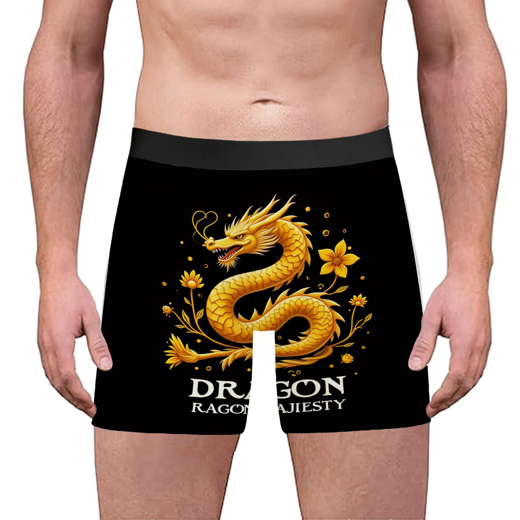 Men's Boxer Briefs with Vibrant Golden Dragon Design & Yellow Flowers ...