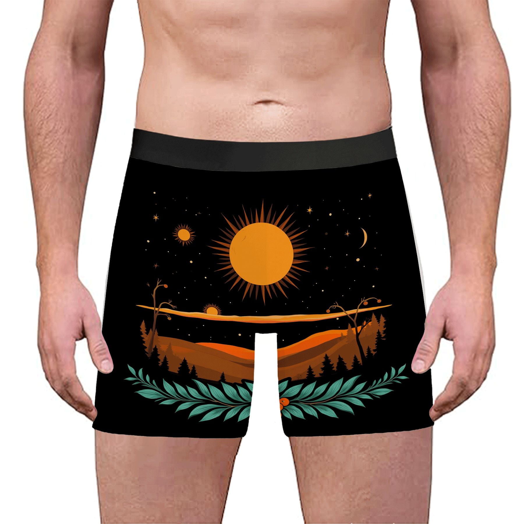 Men's Boxer Briefs with Vibrant Sun and Moon Design Silhouetted Trees ...