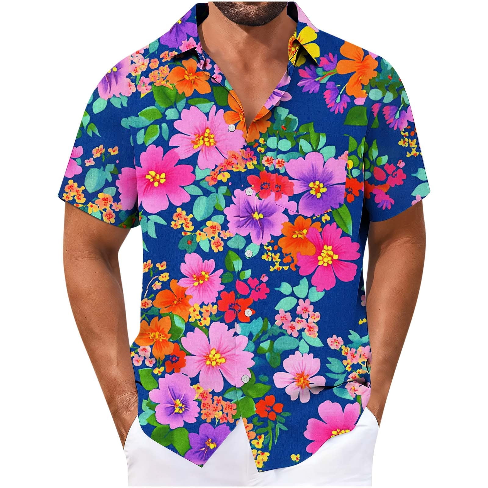 Men's Breathable T-Shirt Men's Floral Print Button Shirts Lapel Collar ...