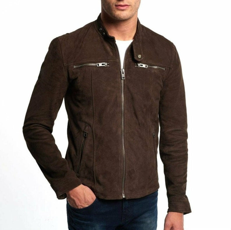 Men's Brown Suede Leather Jacket Handmade Brown Suede Motorcycle Jacket ...