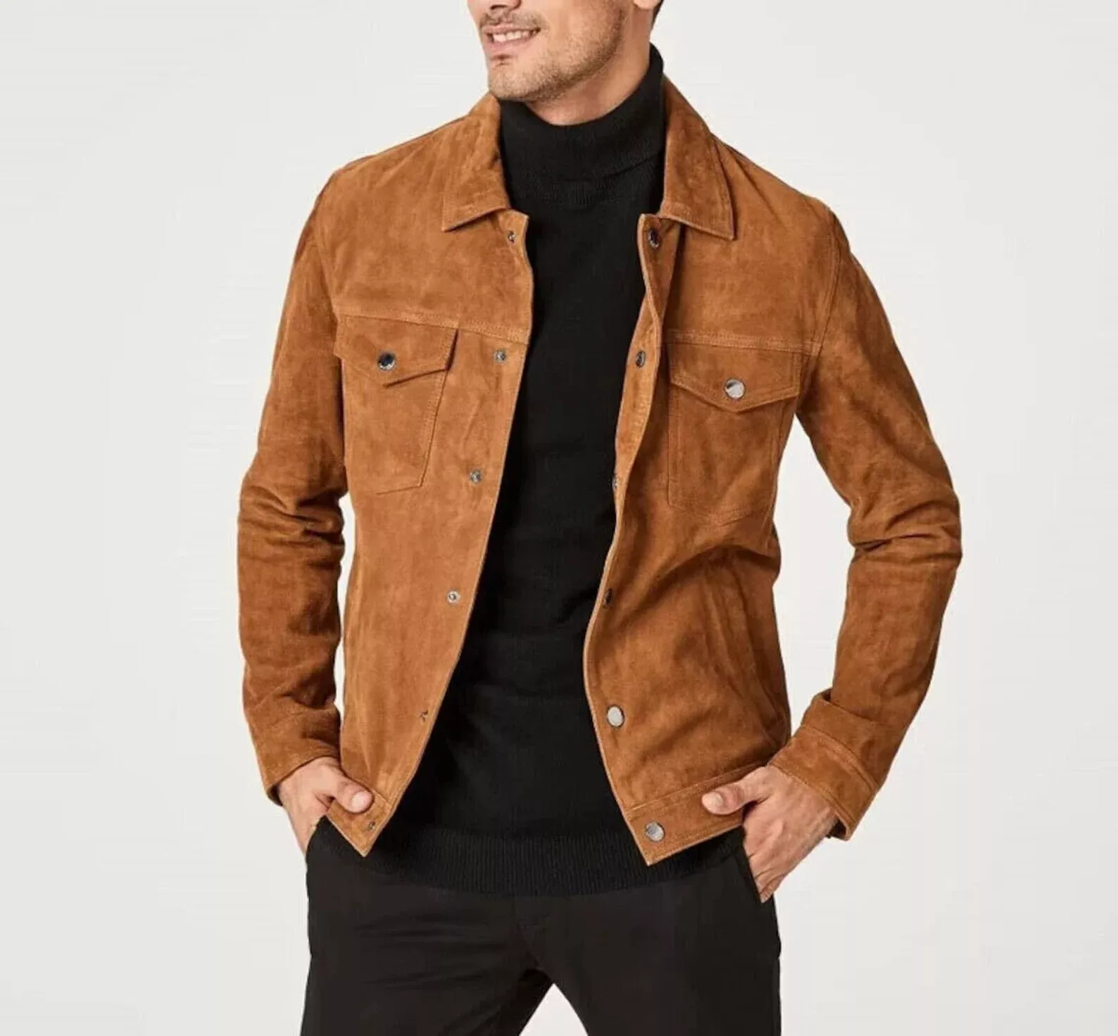 Men's Brown Suede Trucker Shirt Jacket, Western Style Jacket, Genuine ...