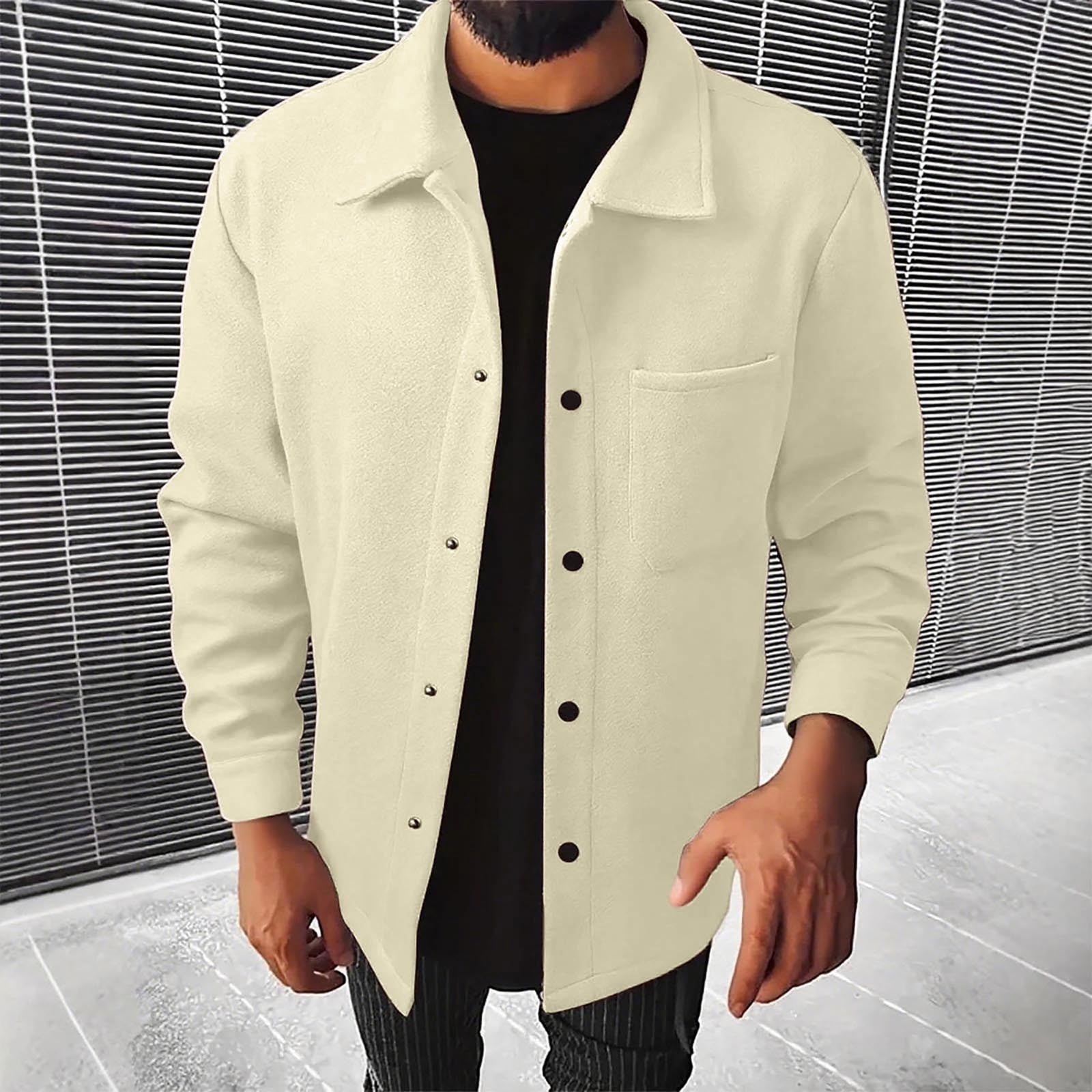 Men's Brushed Fleece Jacket Long Sleeve Snap Buttons Casual Shacket ...