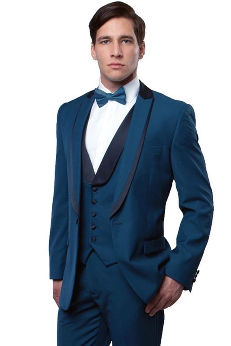 Men's Bryan Michaels Tuxedos Teal Blue Satin Tuxedo Vest & Suit Size 56 ...