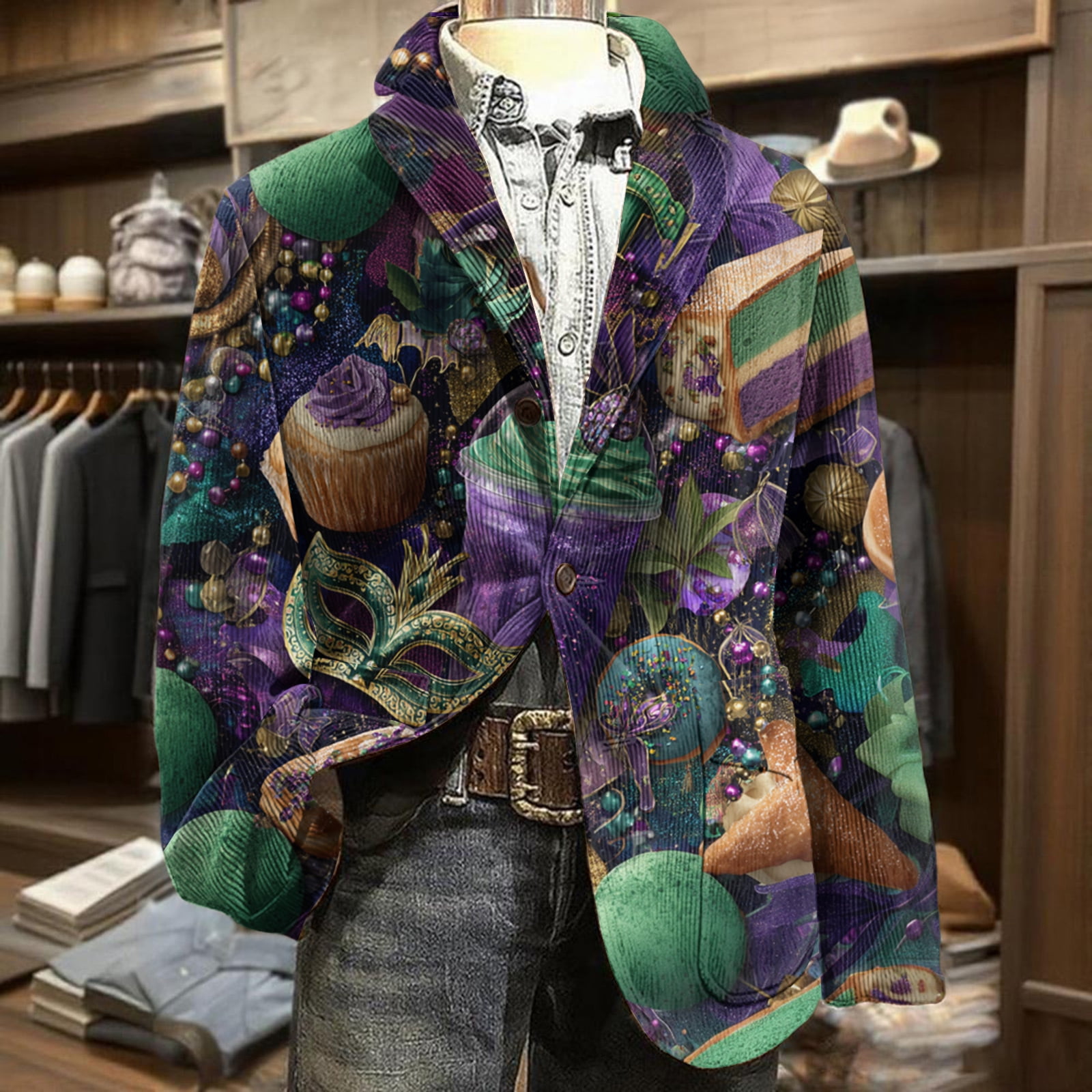 Men's Business Casual Carnival Mask Print Corduroy Jacket, Mar-di Gras ...