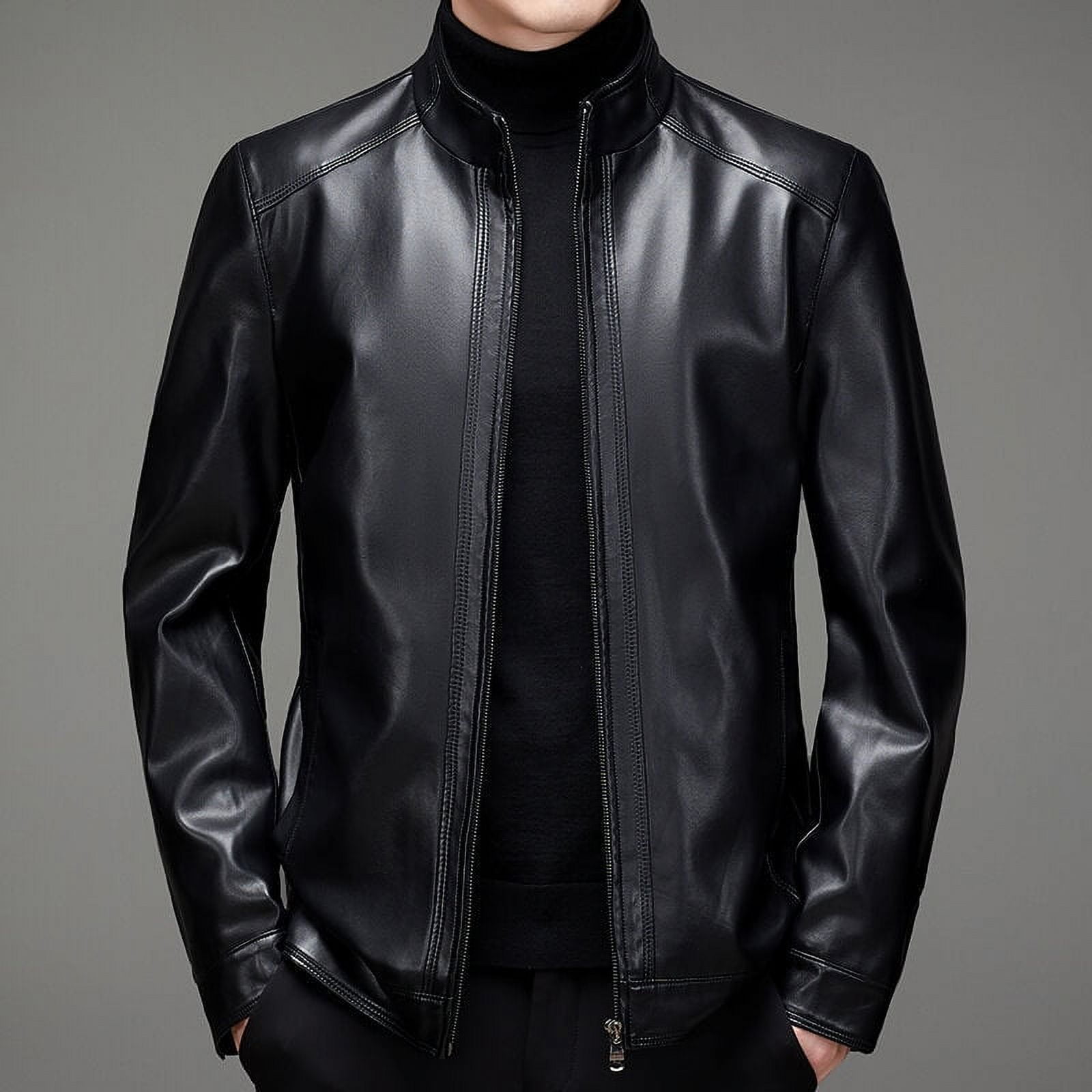 Men's Business Casual Stand Collar Plus Fleece Leather Jacket - Walmart.com