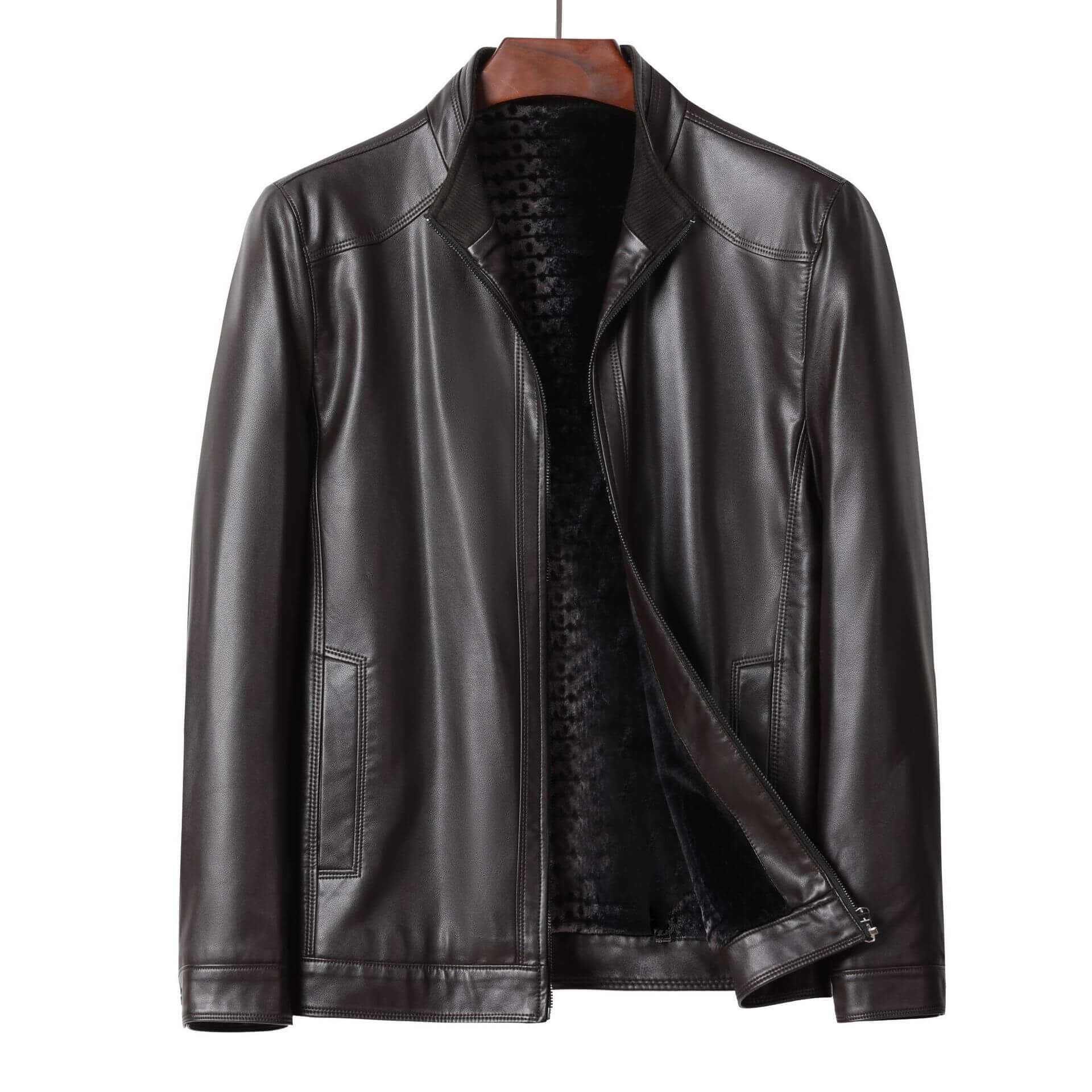 Men's Business Casual Stand Collar Plus Fleece Leather Jacket - Walmart.com