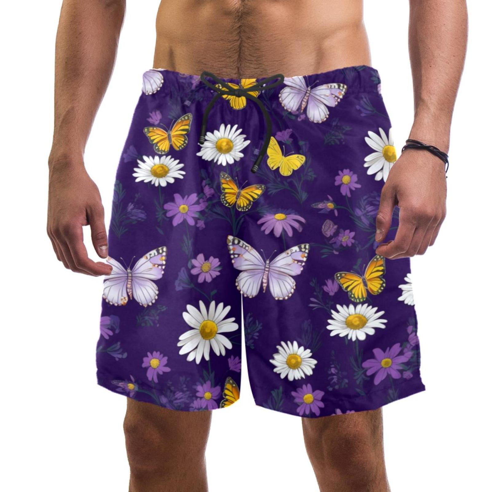 Mens Butterflies Daisies Purple Swim Trunks Quick Dry Board Shorts
