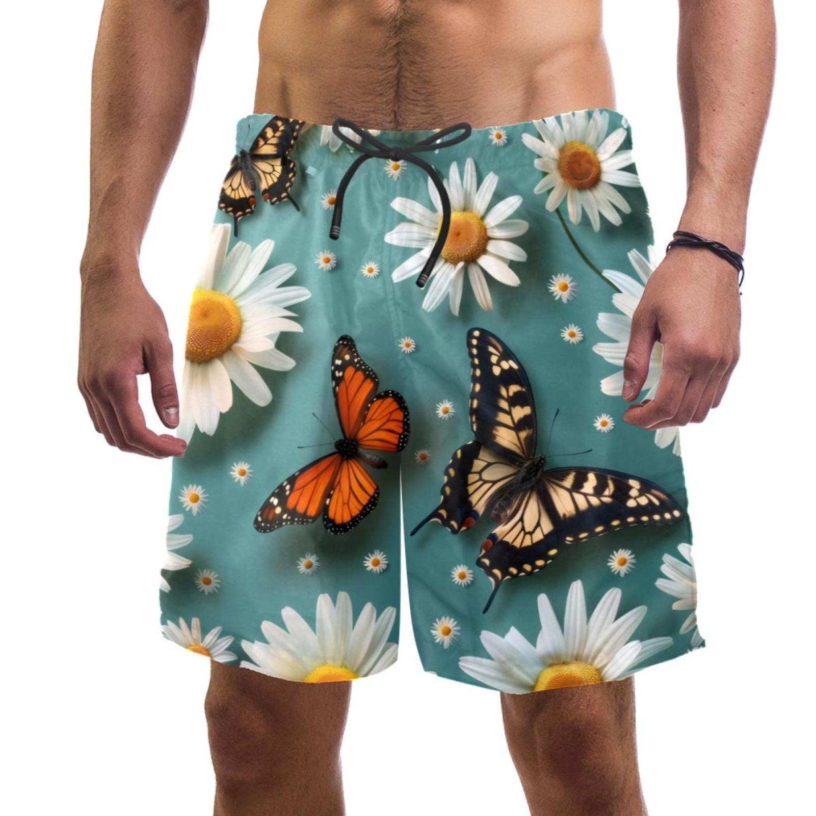 Mens Butterflies Daisy Swim Trunks Quick Dry Board Shorts Bathing