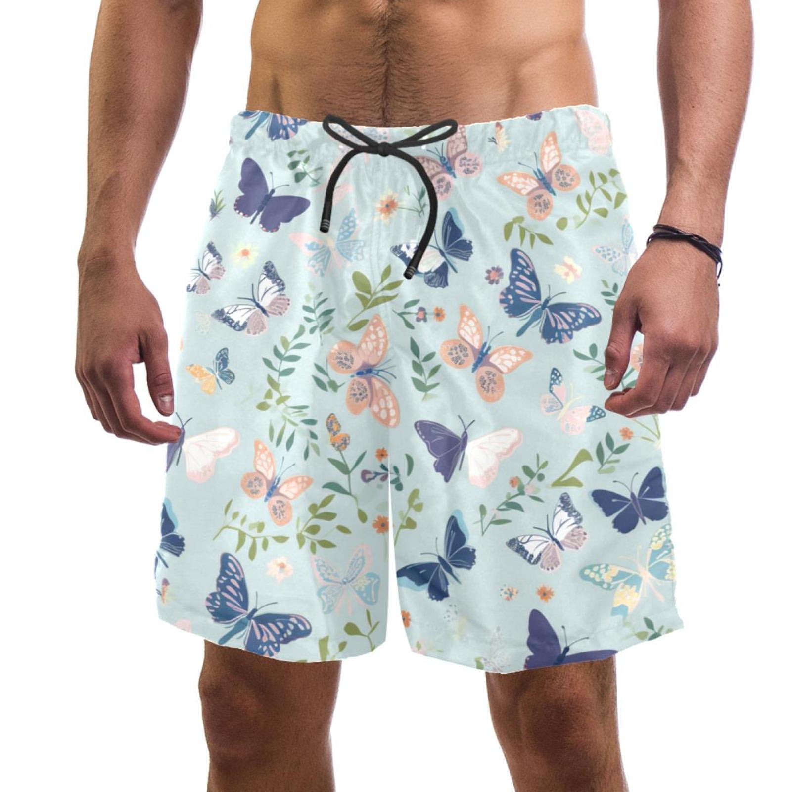 Mens Butterflies Floral Swim Trunks Quick Dry Board Shorts Bathing