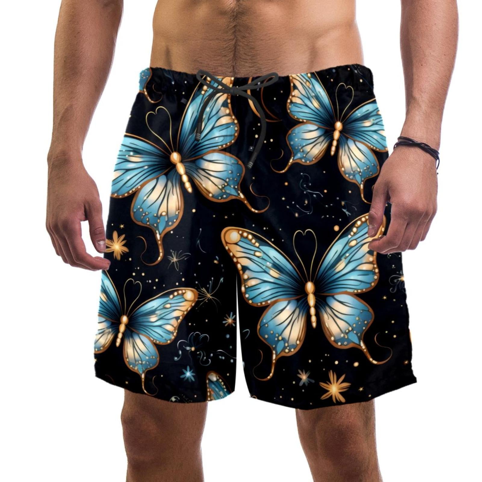 Mens Butterflies Swim Trunks Quick Dry Board Shorts Bathing Suits With
