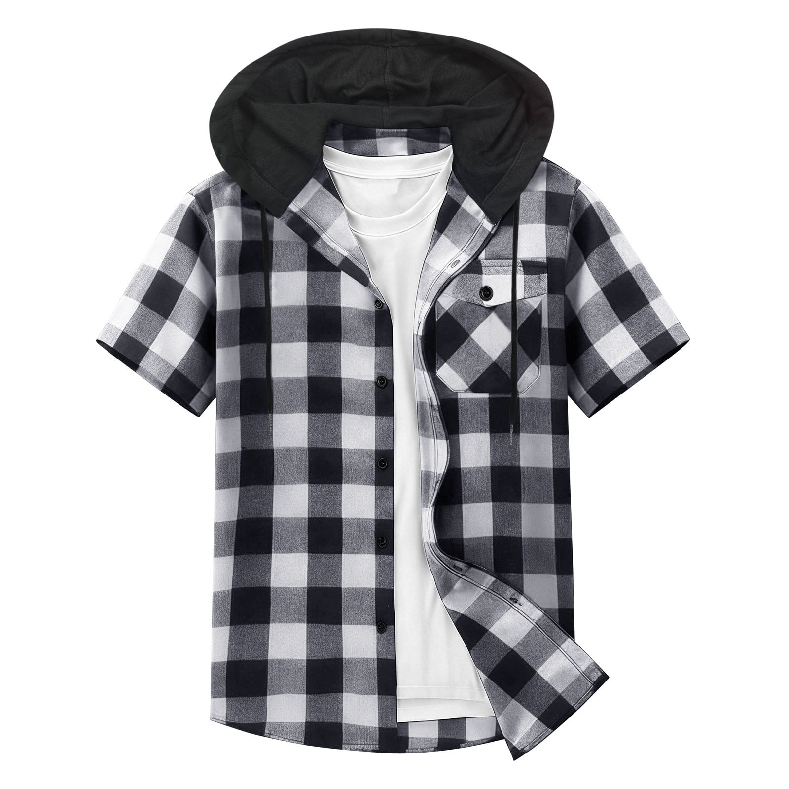 Men's Button Down Hoodie Short Sleeve Plaid Shirt Shackets Chest Pocket ...
