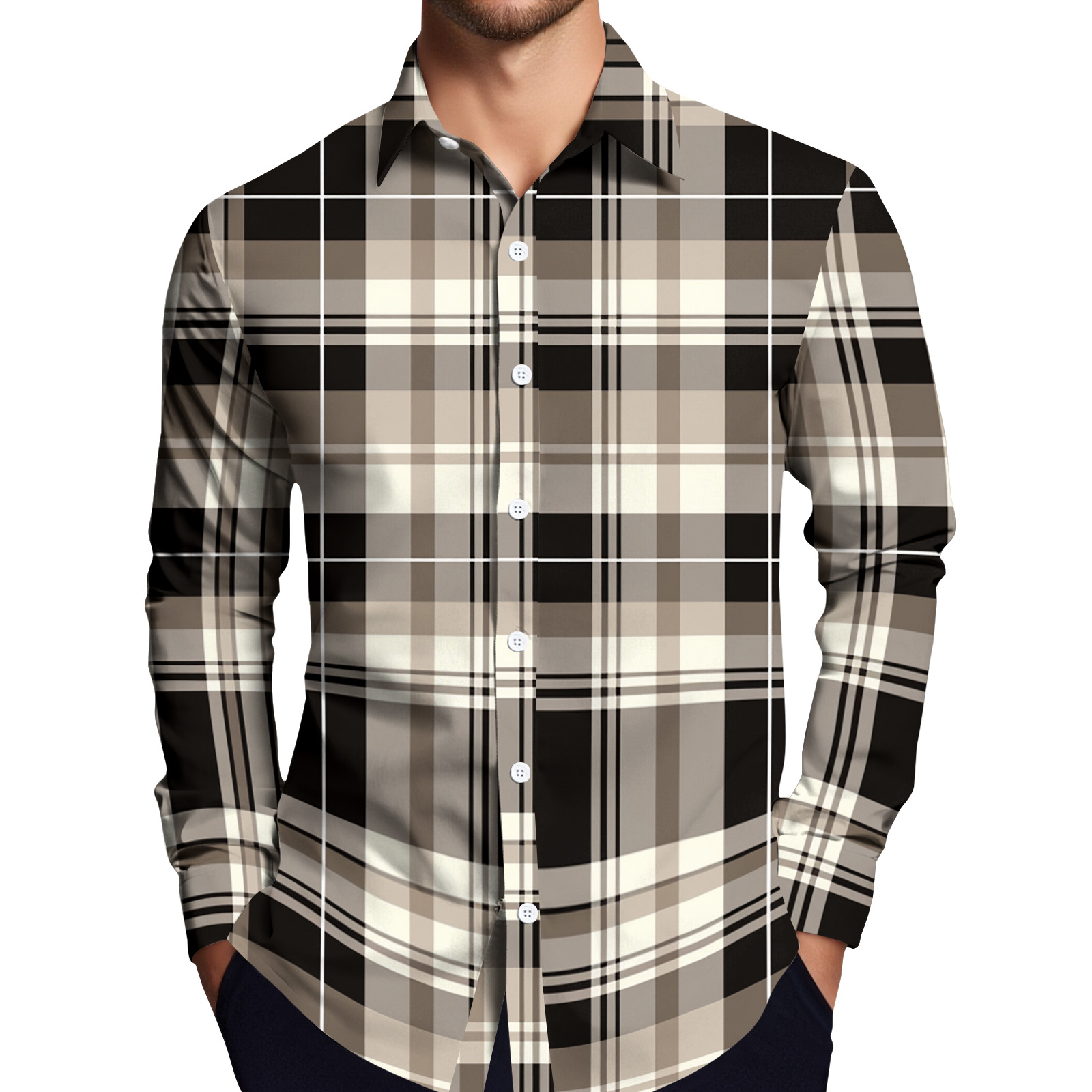 Men's Button Down Shirt, Checked Long Sleeve Soft Cotton Long Sleeve ...