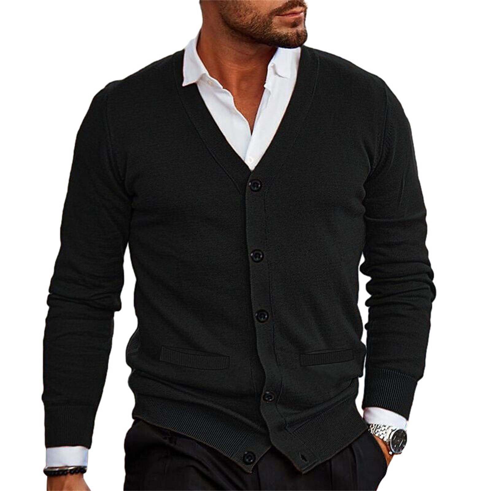 Men’s Button up Knit Cardigan Casual Long Sleeve V Neck Solid Color Sweater Knitted Outwear ...
