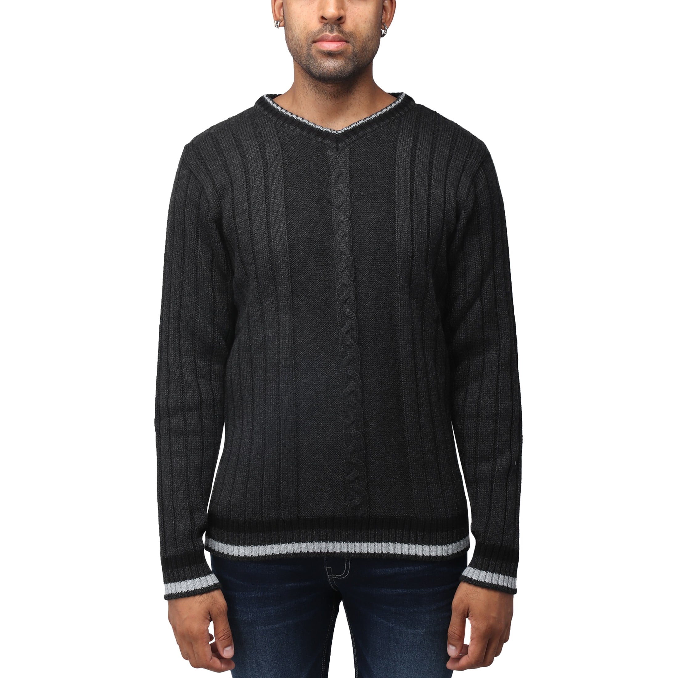 X RAY JEANS Mens Cable Knit Tipped V-Neck Sweater, Charcoal, S ...