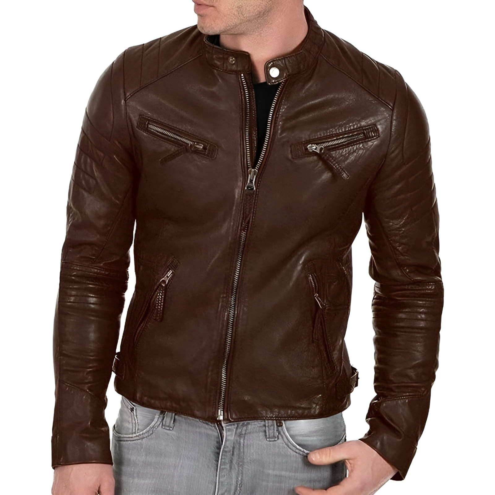 Men's Cafe Racer Leather Jacket Lambskin Leather Open Bottom Jacket ...