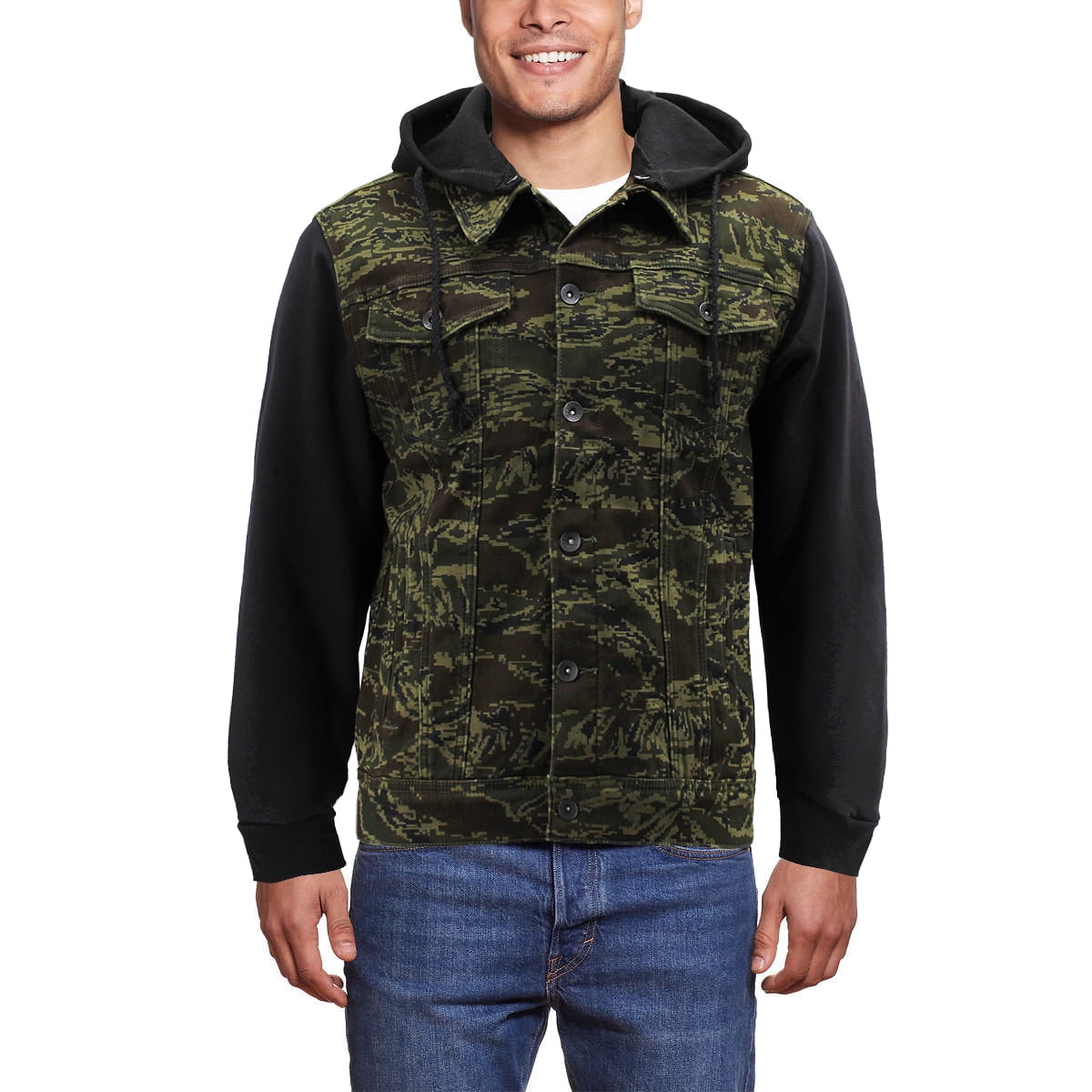 Men’s Camouflage Button Up Lined Removable Hood Stretch Denim Jean ...