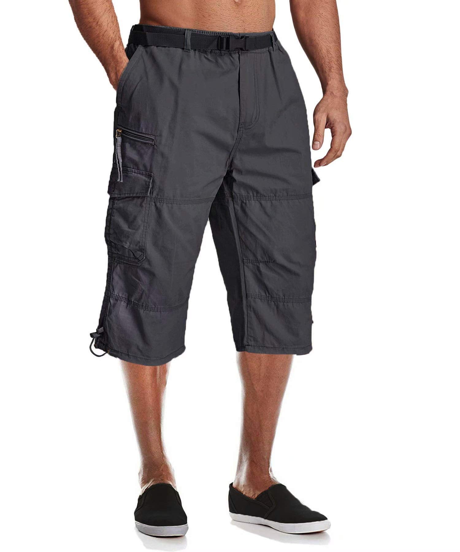 Men's Elastic Waist Capri Pants, Relaxed Fit, Twill Cargo Shorts Below ...