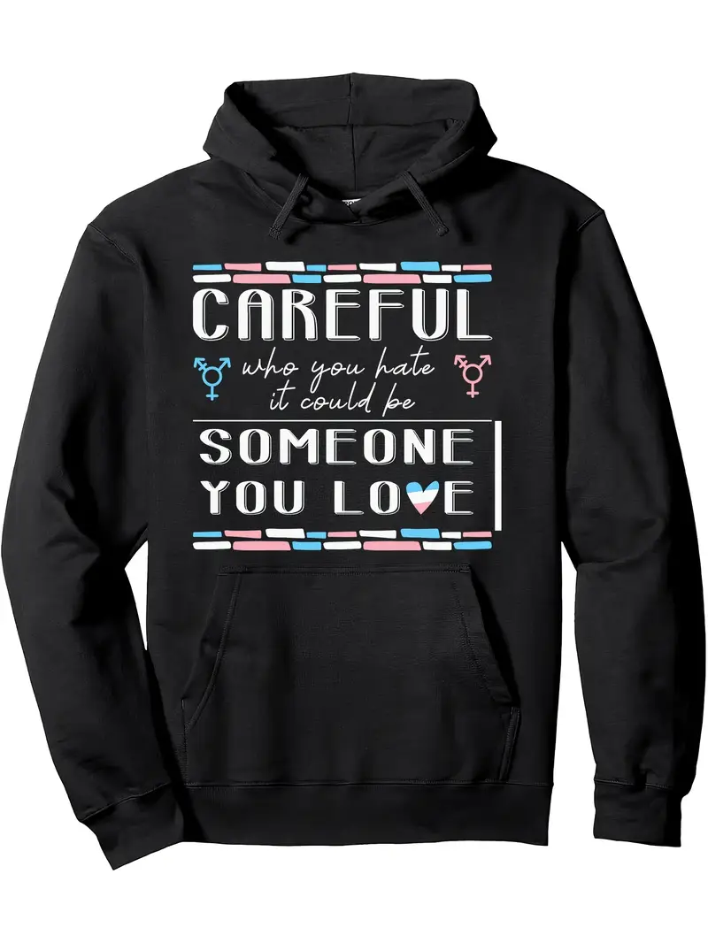 Men's "Careful" Love Message Hoodie, Black with Pink and Blue Accents ...