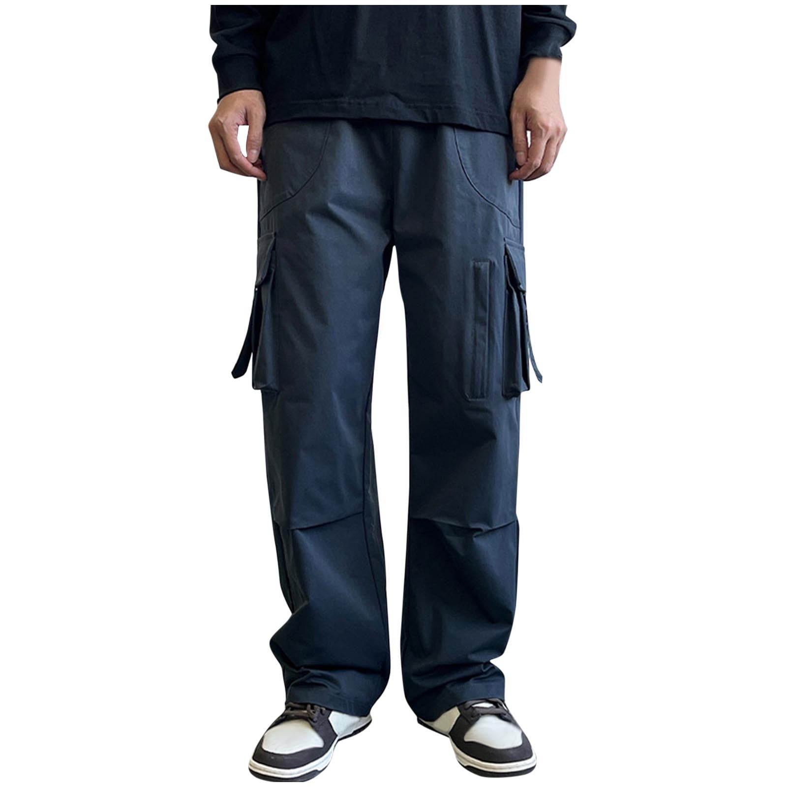 Men's Cargo Pants Solid Color Elastic Waist Straight Pocket Pants ...