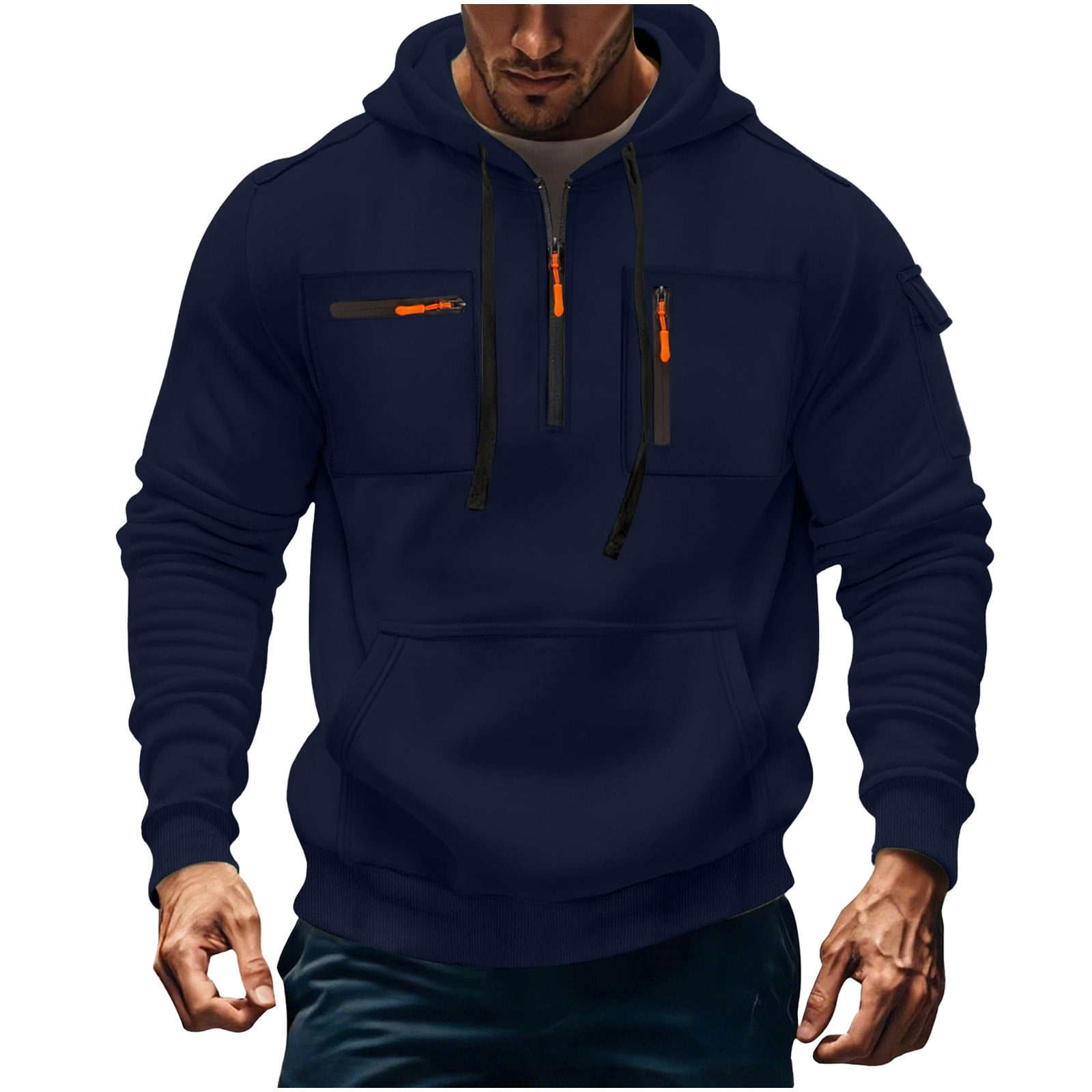 Men's Cargo Sweatshirts Quarter Zipper Long Sleeved Drawstring Sports Hoodies Athletic Gym Work ...